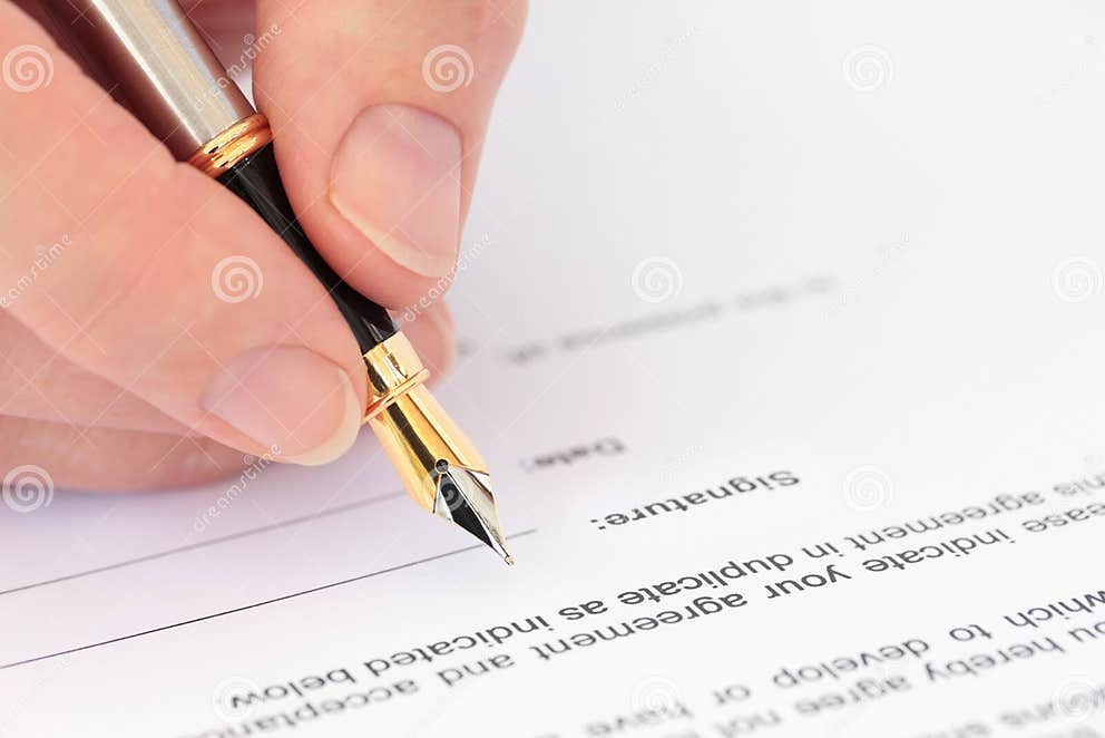 Hand with Fountain Pen Signing a Document Stock Photo - Image of ...