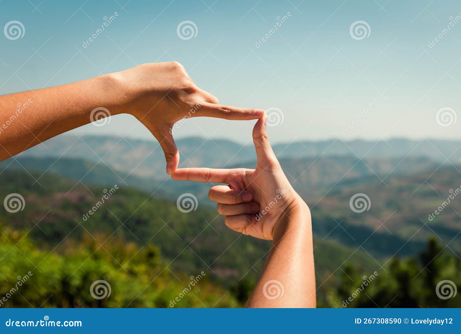 Hand Framing View Distant Over Sunset on Mountain Stock Photo - Image ...
