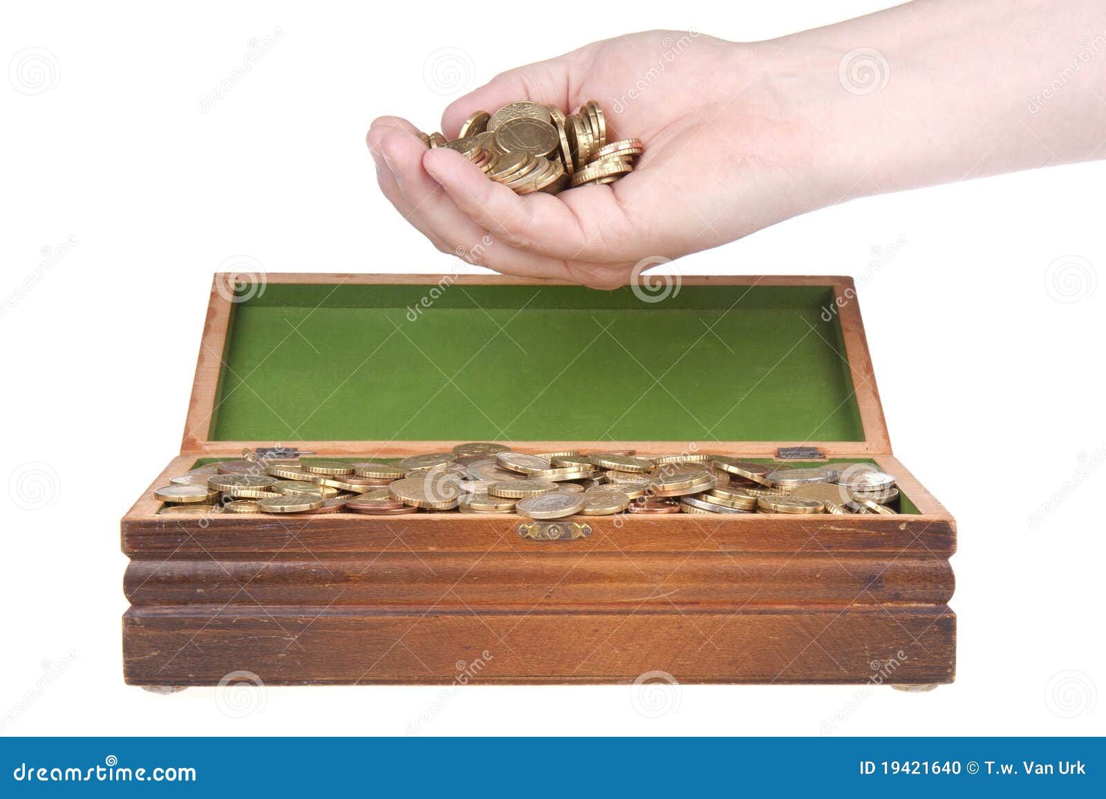 Hand Full of Coins Over a Treasure Chest Stock Photo - Image of cash ...