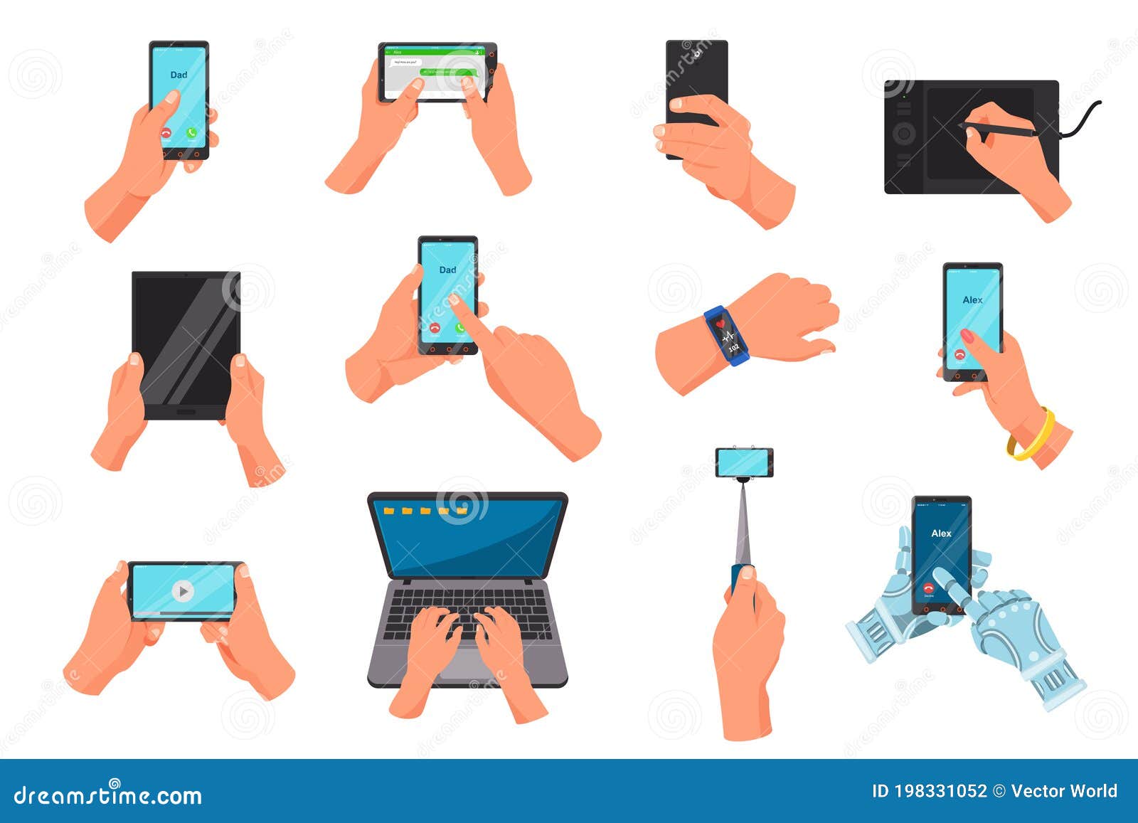 Hand With Gadget Vector Illustration Set Cartoon Flat Human Hand
