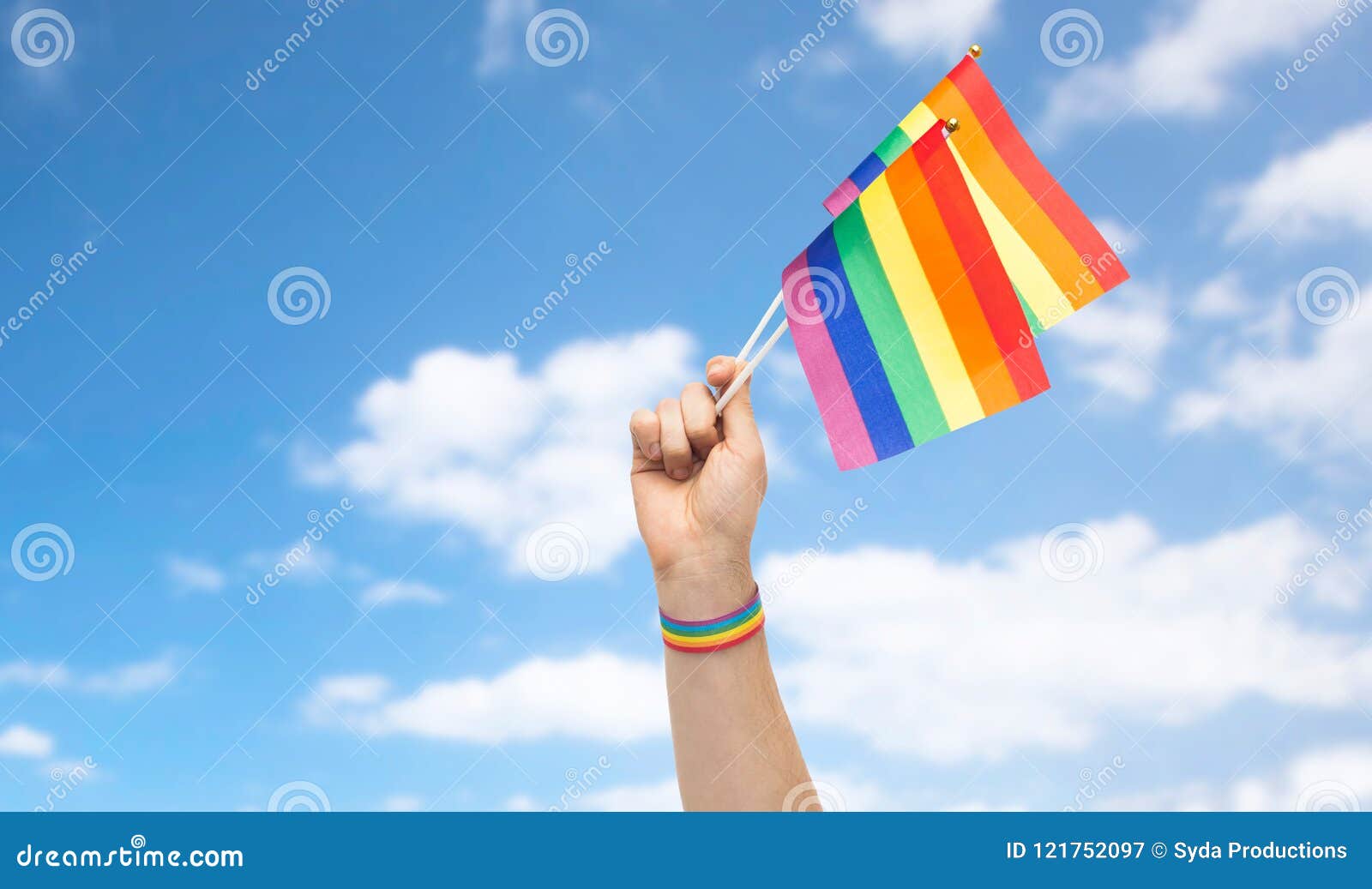 Hand With Gay Pride Rainbow Flags And Wristband Stock Image Image Of