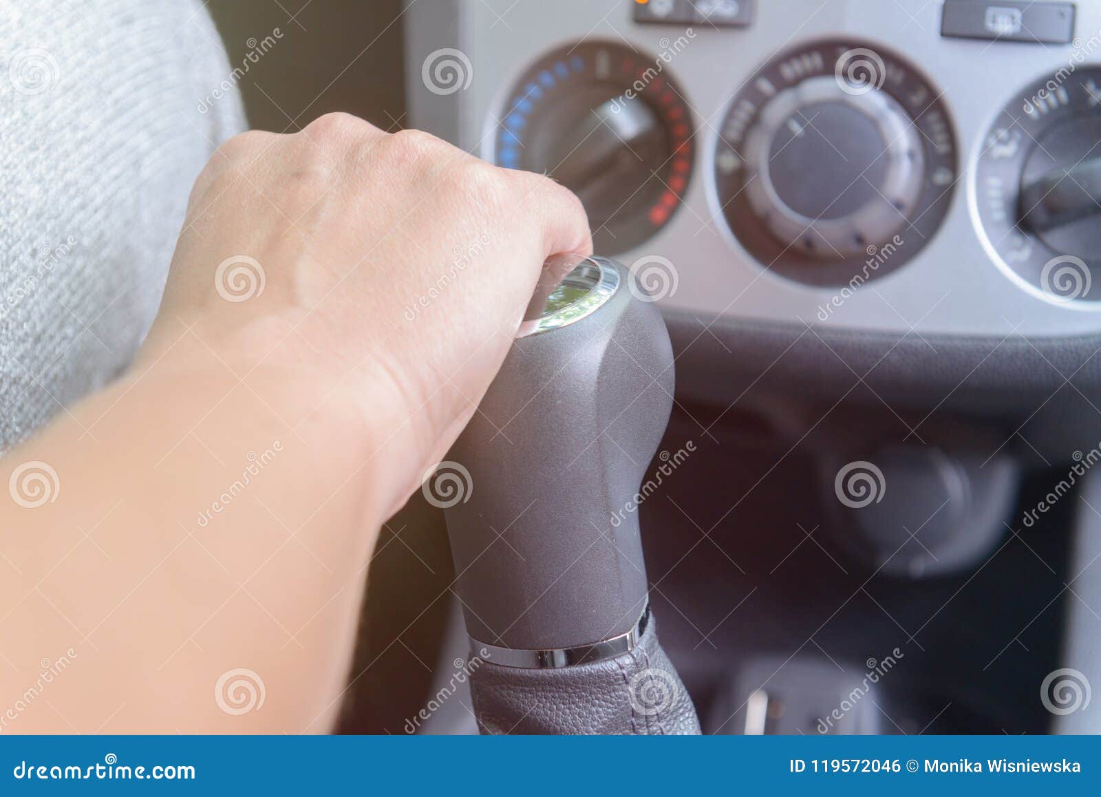 Hand on gear shift lever stock photo. Image of manual - 119572046