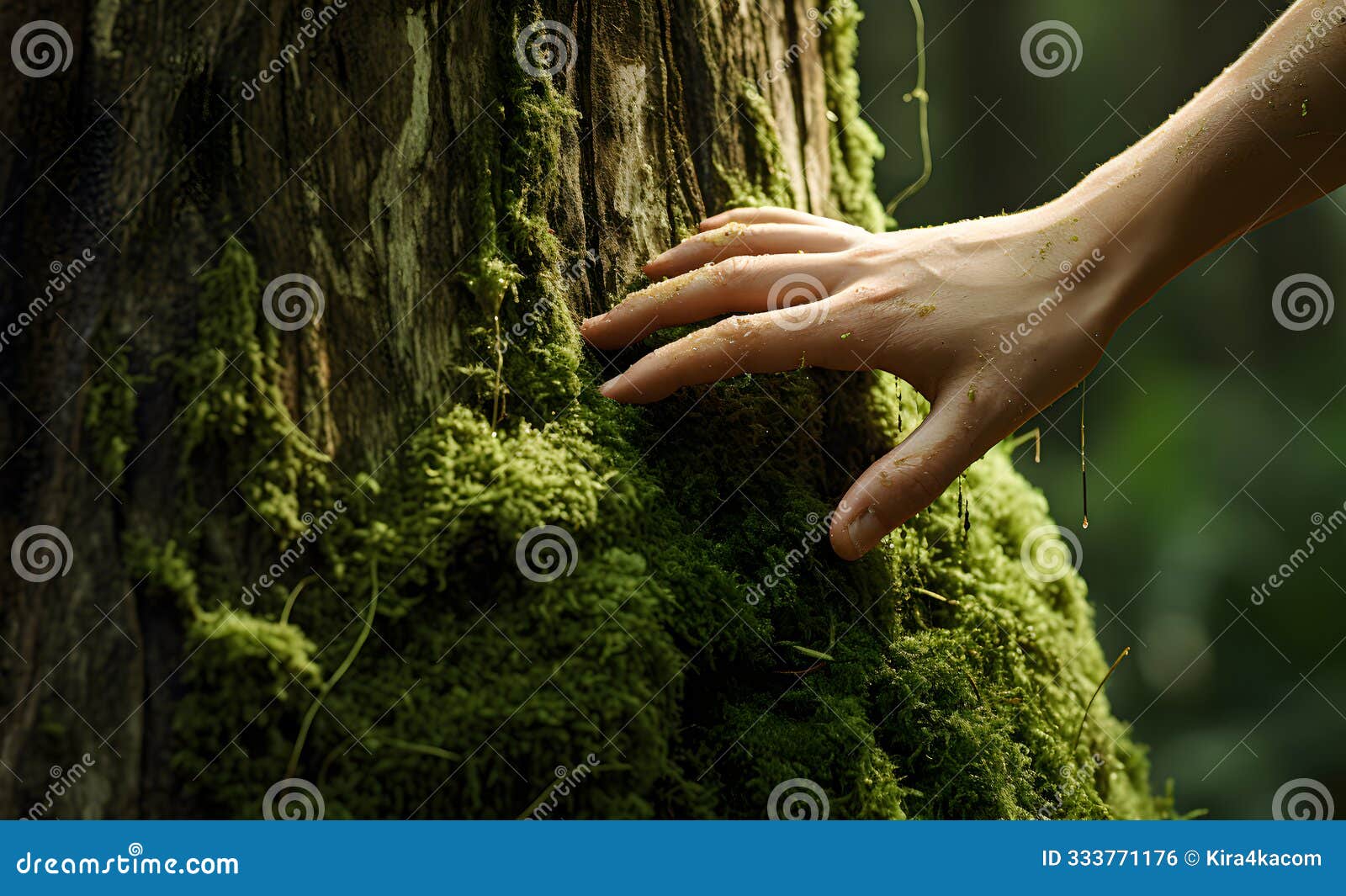 A Hand Gently Touching the Moss on a Large Tree Reflects a Deep ...