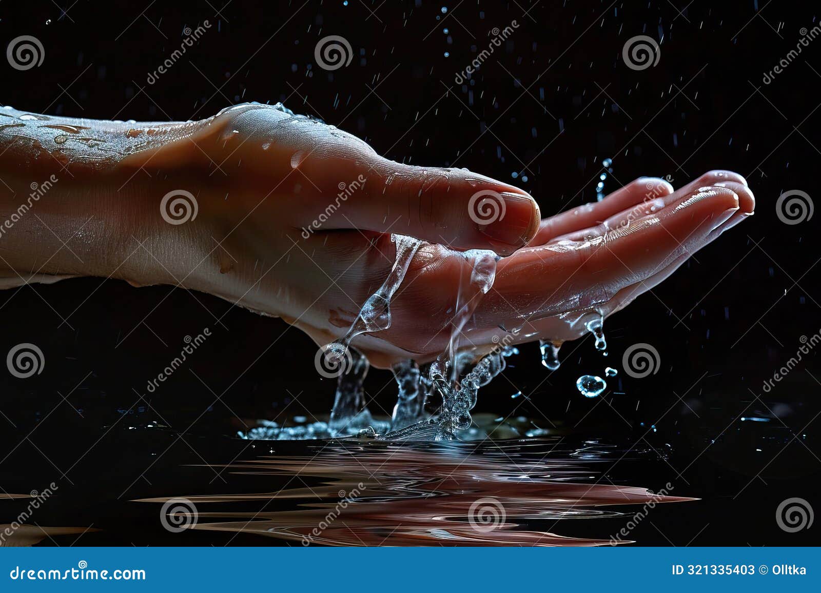 Hand Gently Touching Water Surface, Creating Ripples, with Dark ...
