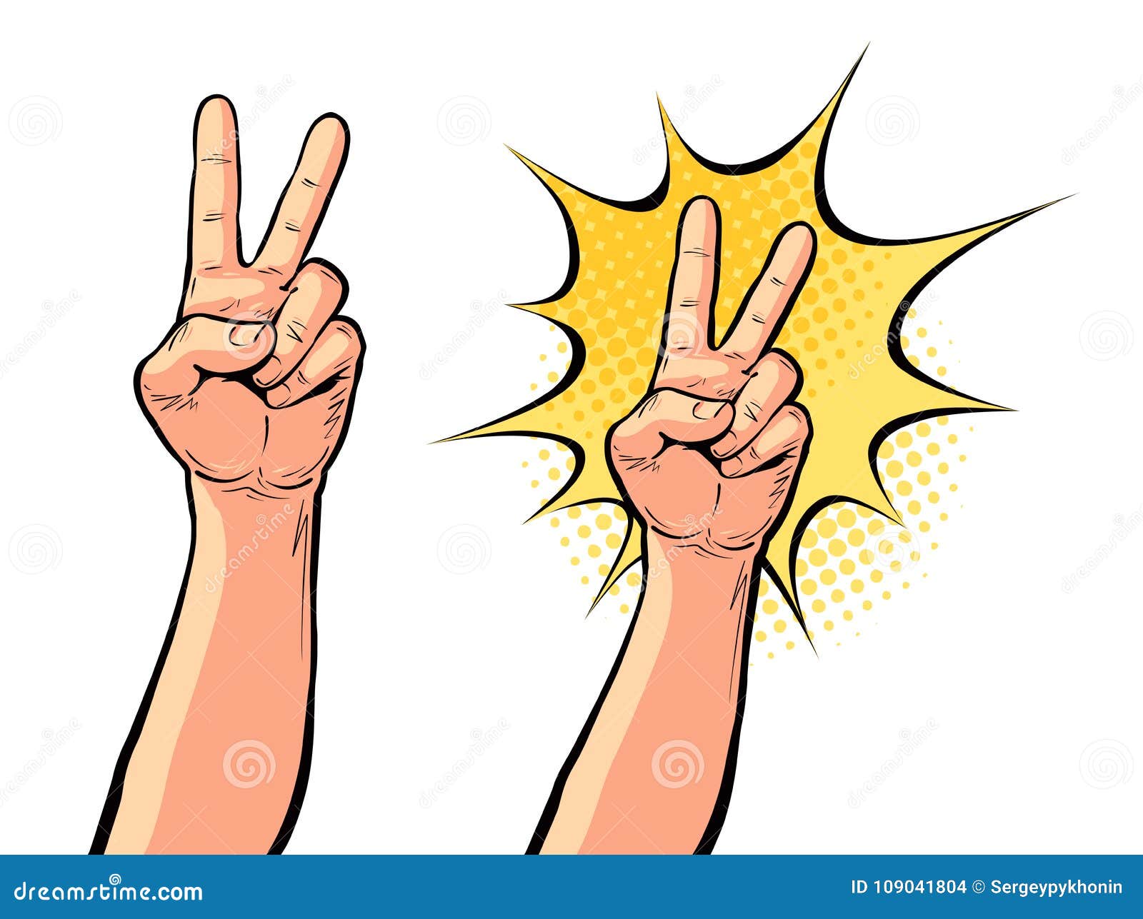 Hand Gesture Of Victory Or Peace Two Fingers Up Vector Illustration In Pop Art Retro Comic