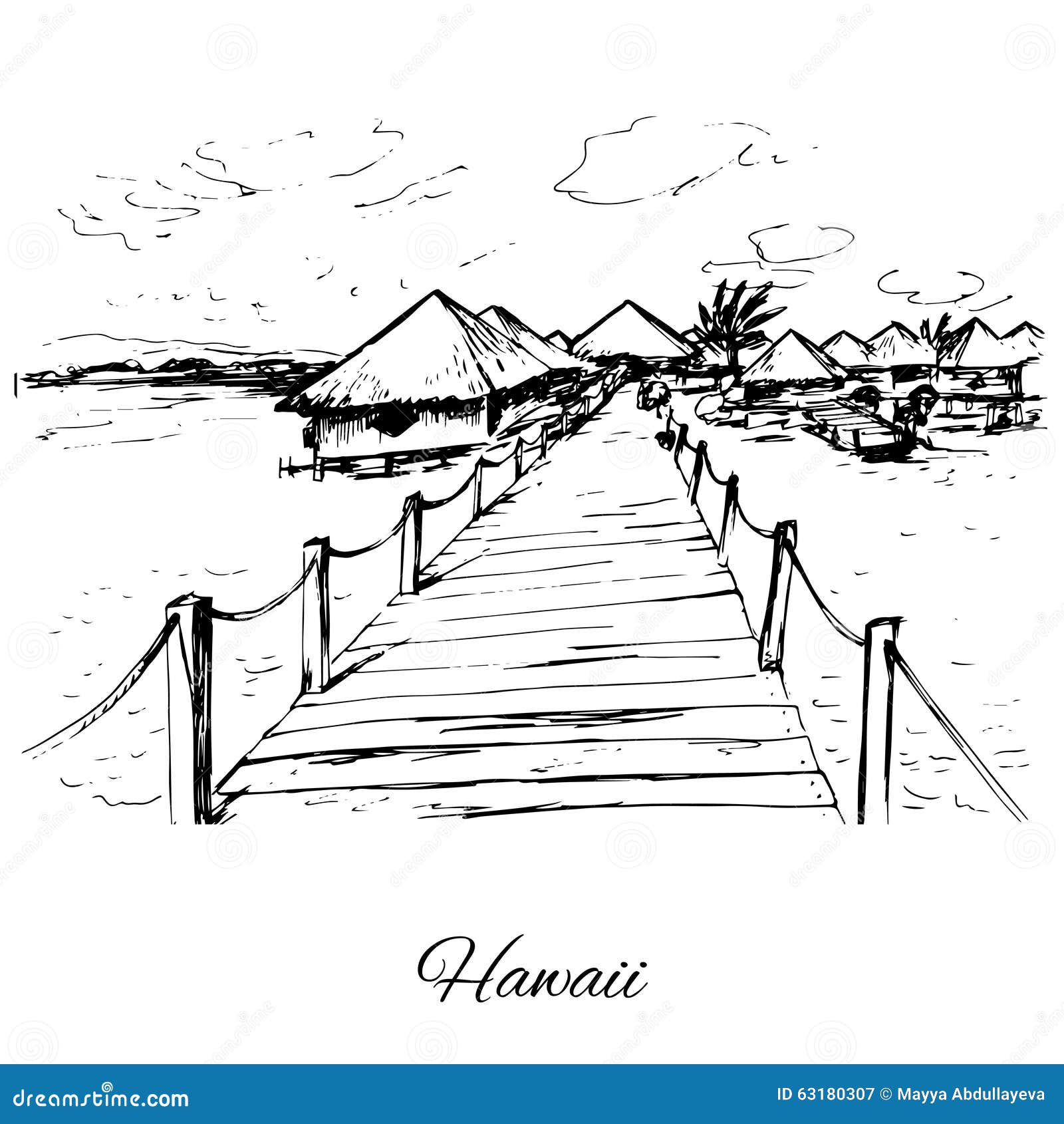 Hand Gezeichnete Bungalows Auf Hawaii-Insel Vektor Abbildung ...