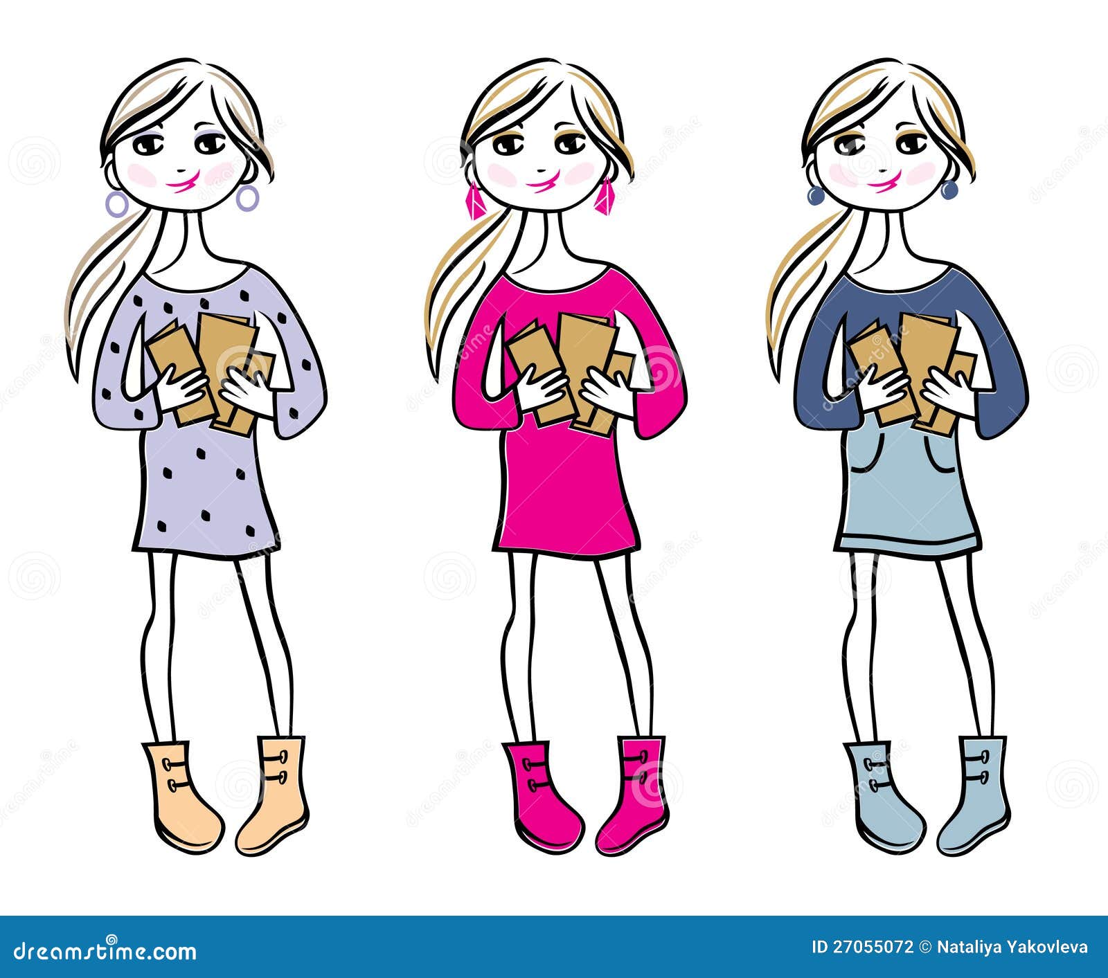 Hand Gezeichnete Mädchen Mit Büchern Vektor Abbildung - Illustration ...