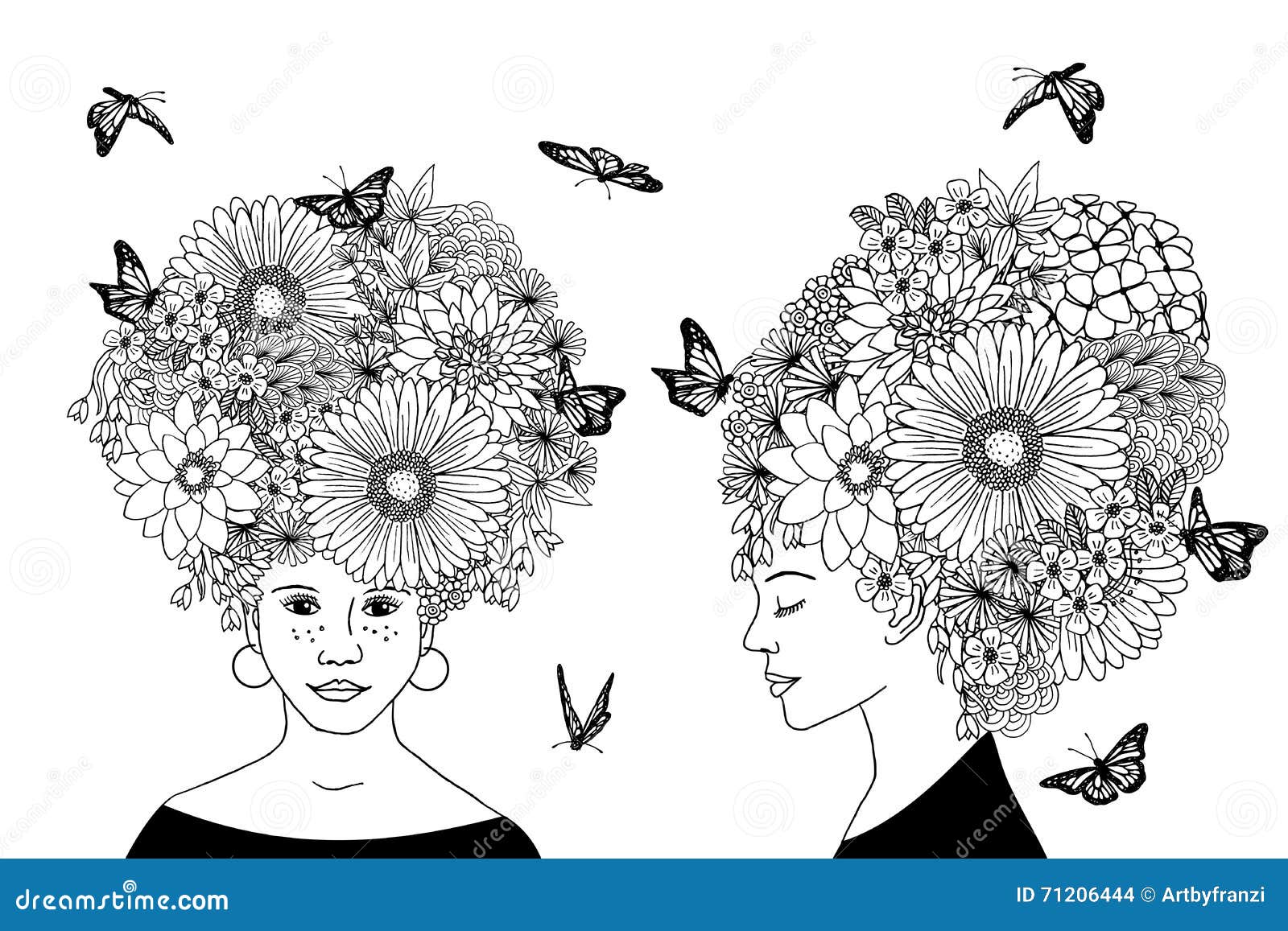 Hand Gezeichnete Mädchen Mit Dem Blumenhaar Vektor Abbildung ...