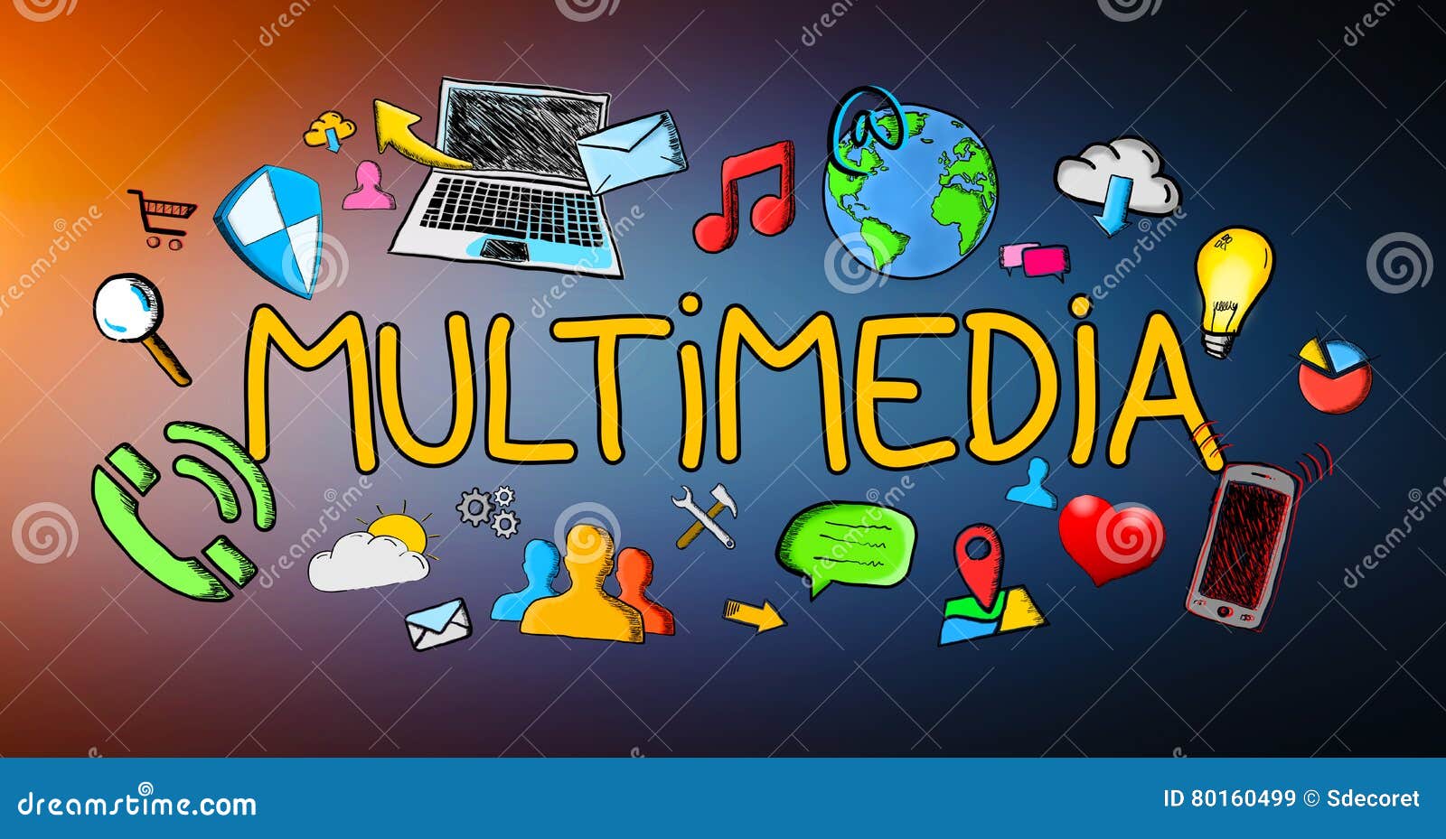 Hand Gezeichnete Multimediaillustration Mit Ikonen Stock Abbildung ...