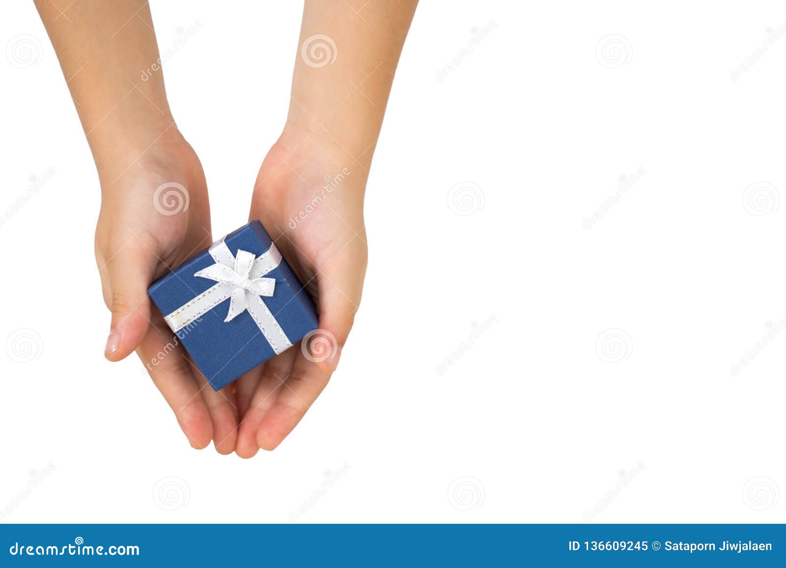 Hand and gift over white stock image. Image of blue - 136609245