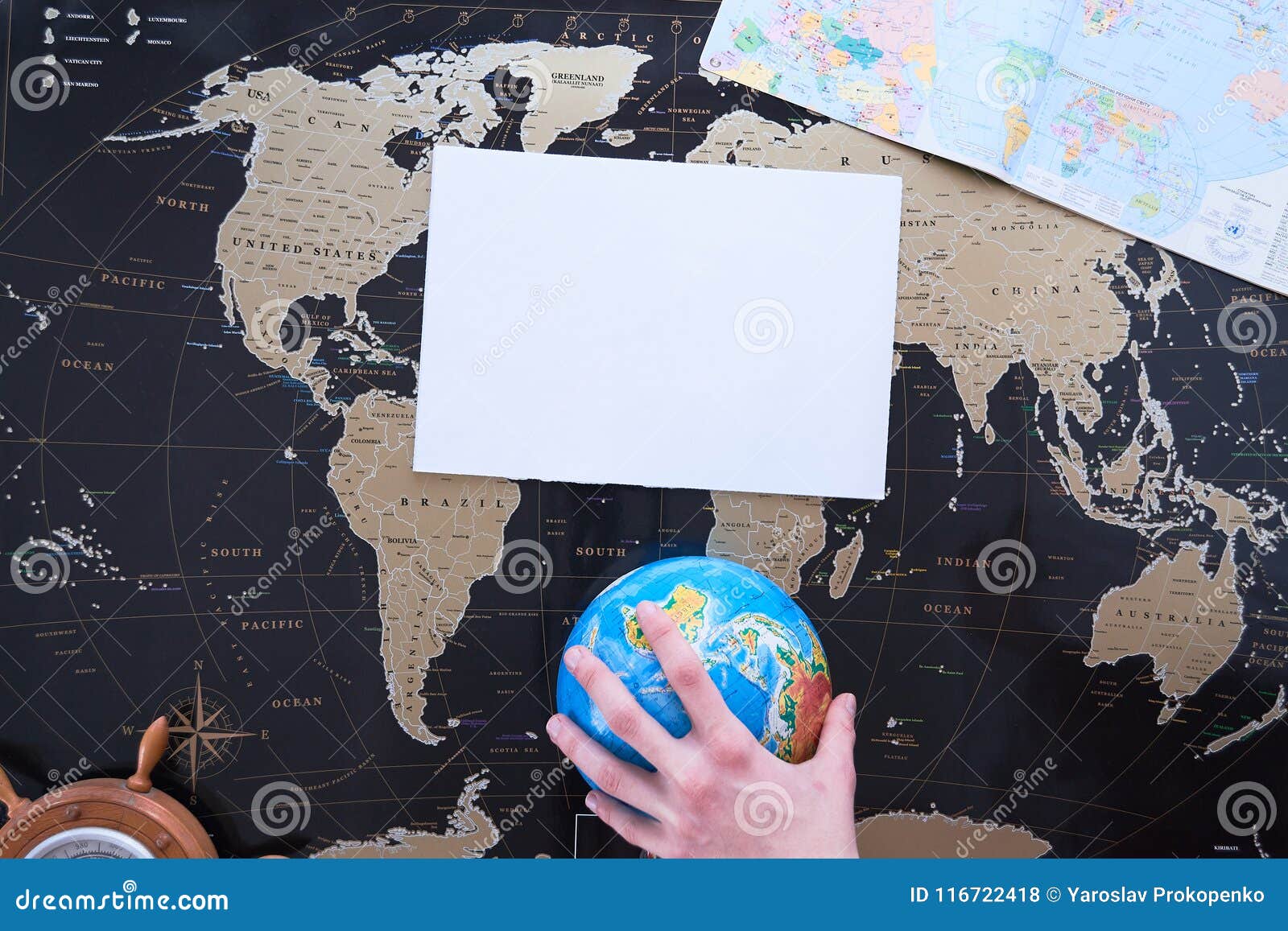 Hand on the Globe on the Political Map of the World Stock Photo - Image ...