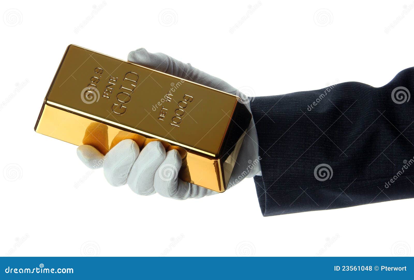 Hand with Glove Holding a Gold Bullion Stock Photo - Image of expensive ...