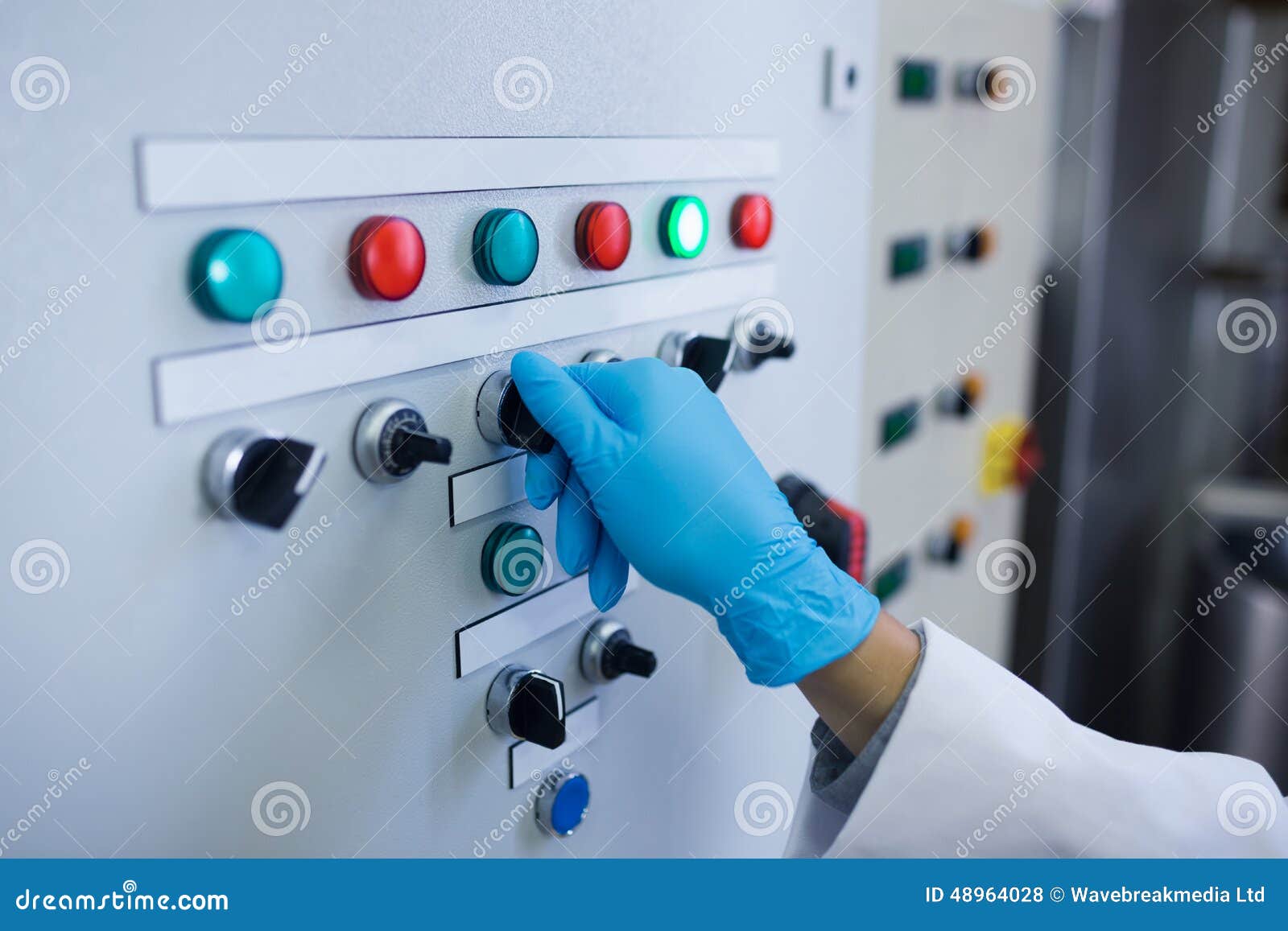 Hand with Gloves Turning Buttons of the Machine Stock Photo - Image of ...