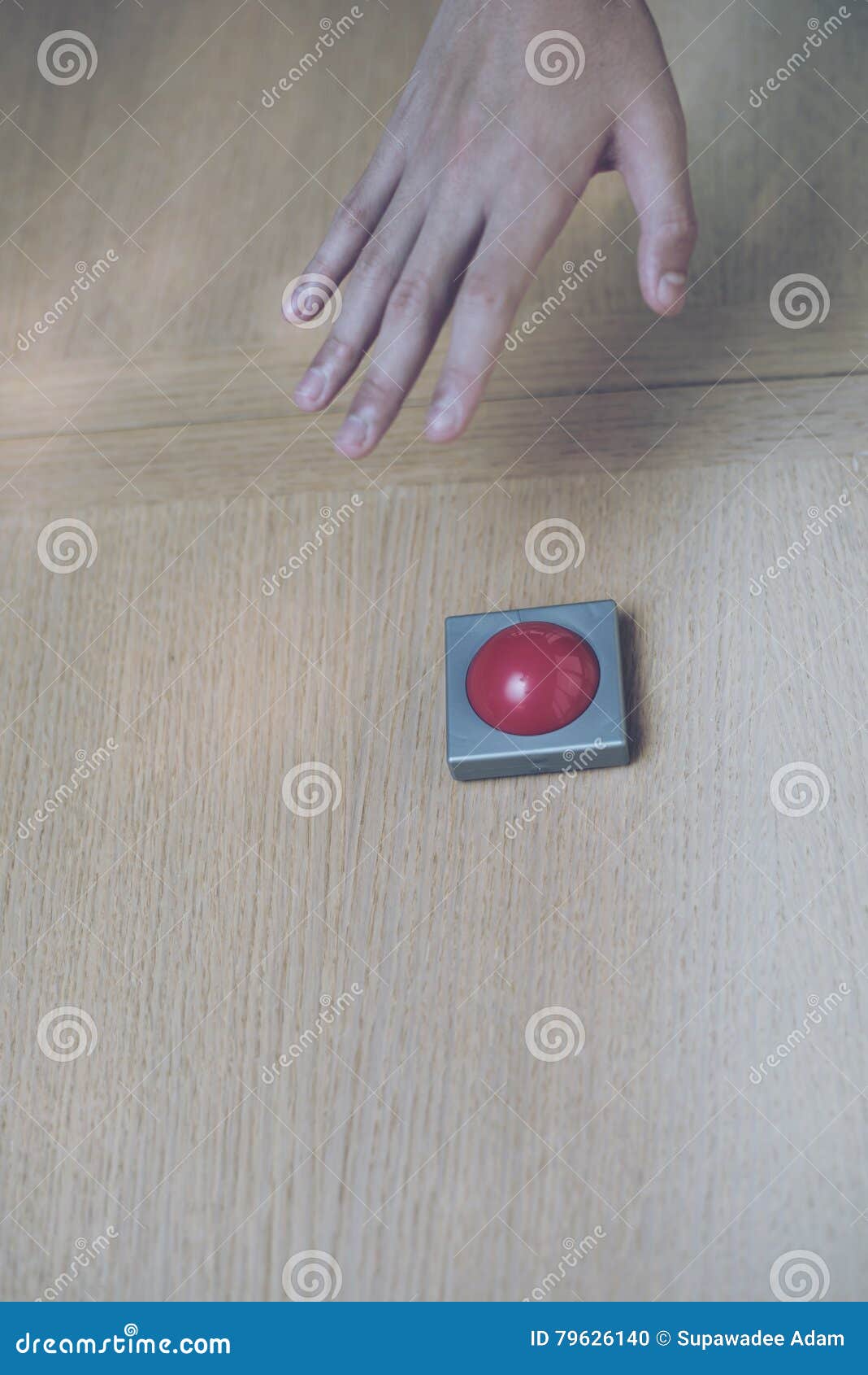 Hand Grab for the Red Button on Wood Table. Stock Photo - Image of ...