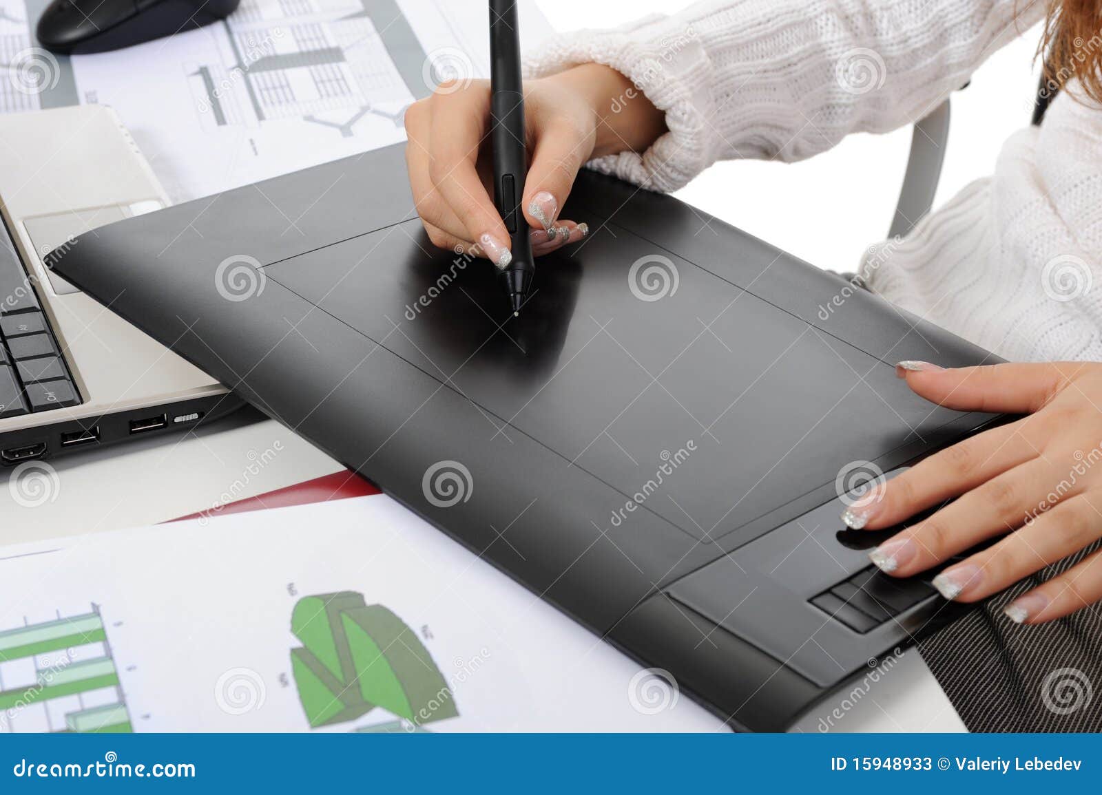 Hand on graphic tablet. stock image. Image of editor - 15948933