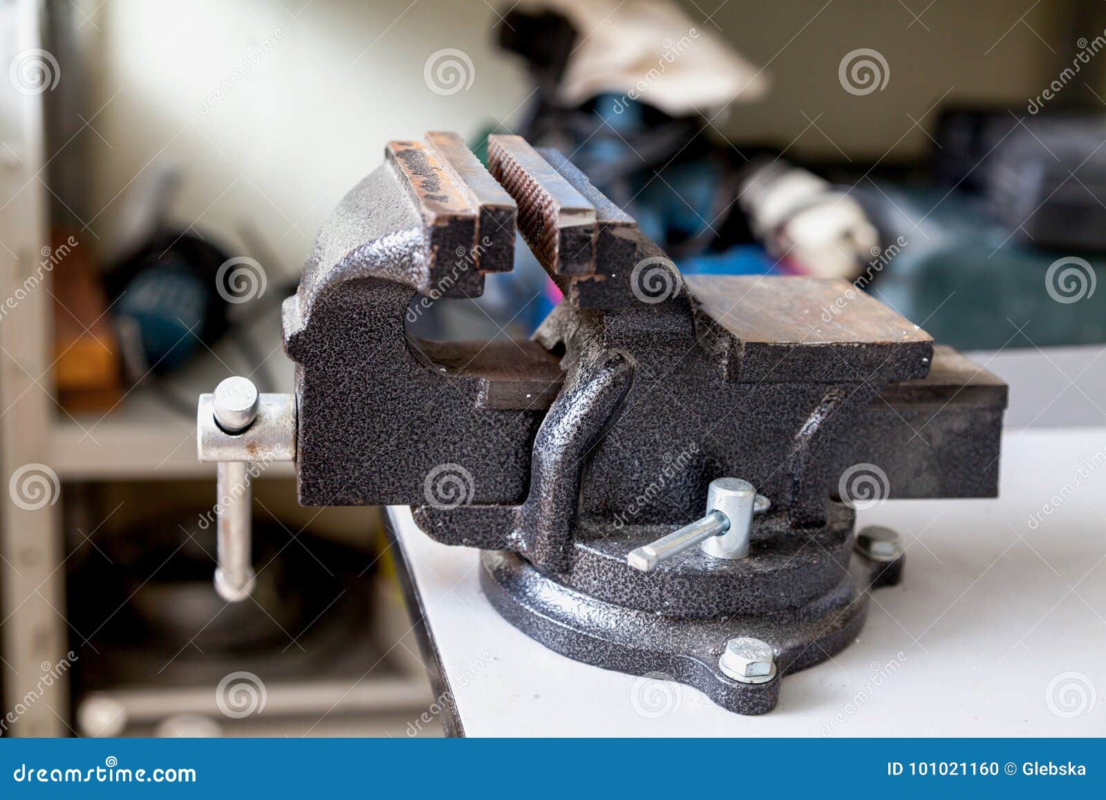 Hand on Gray Bench Vise Closeup. Side View Stock Photo - Image of ...