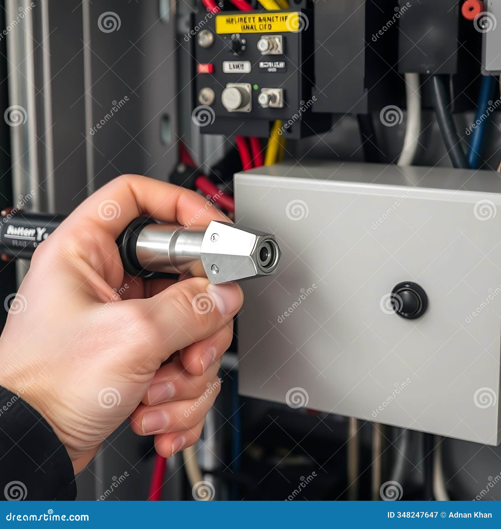 A Hand Gripping a Torque Wrench Tightening a Bolt on an Electrical ...