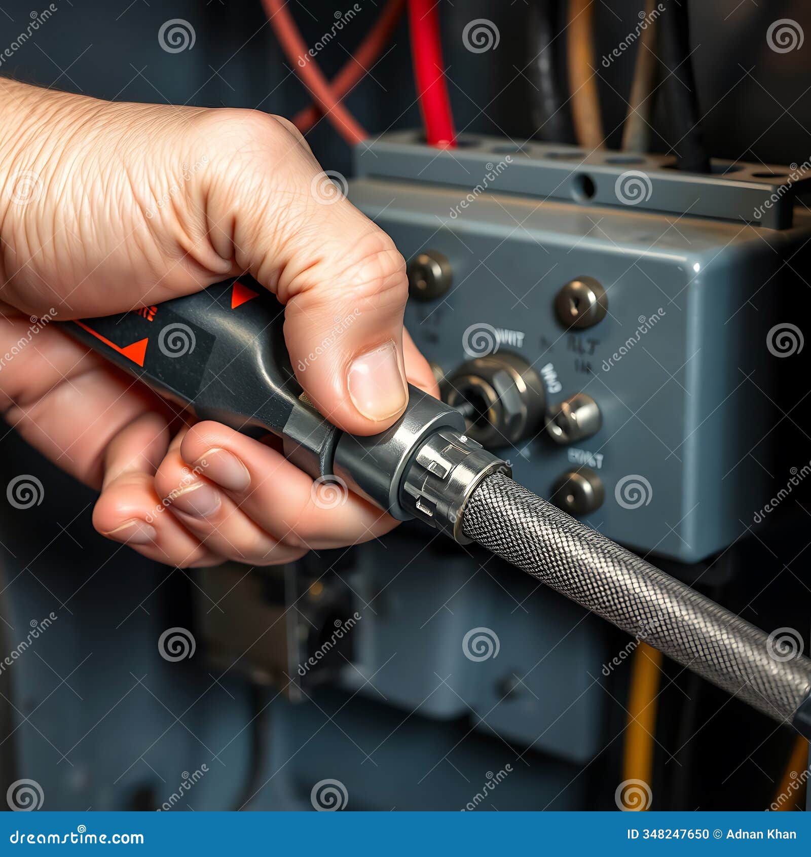 A Hand Gripping a Torque Wrench Tightening a Bolt on an Electrical ...