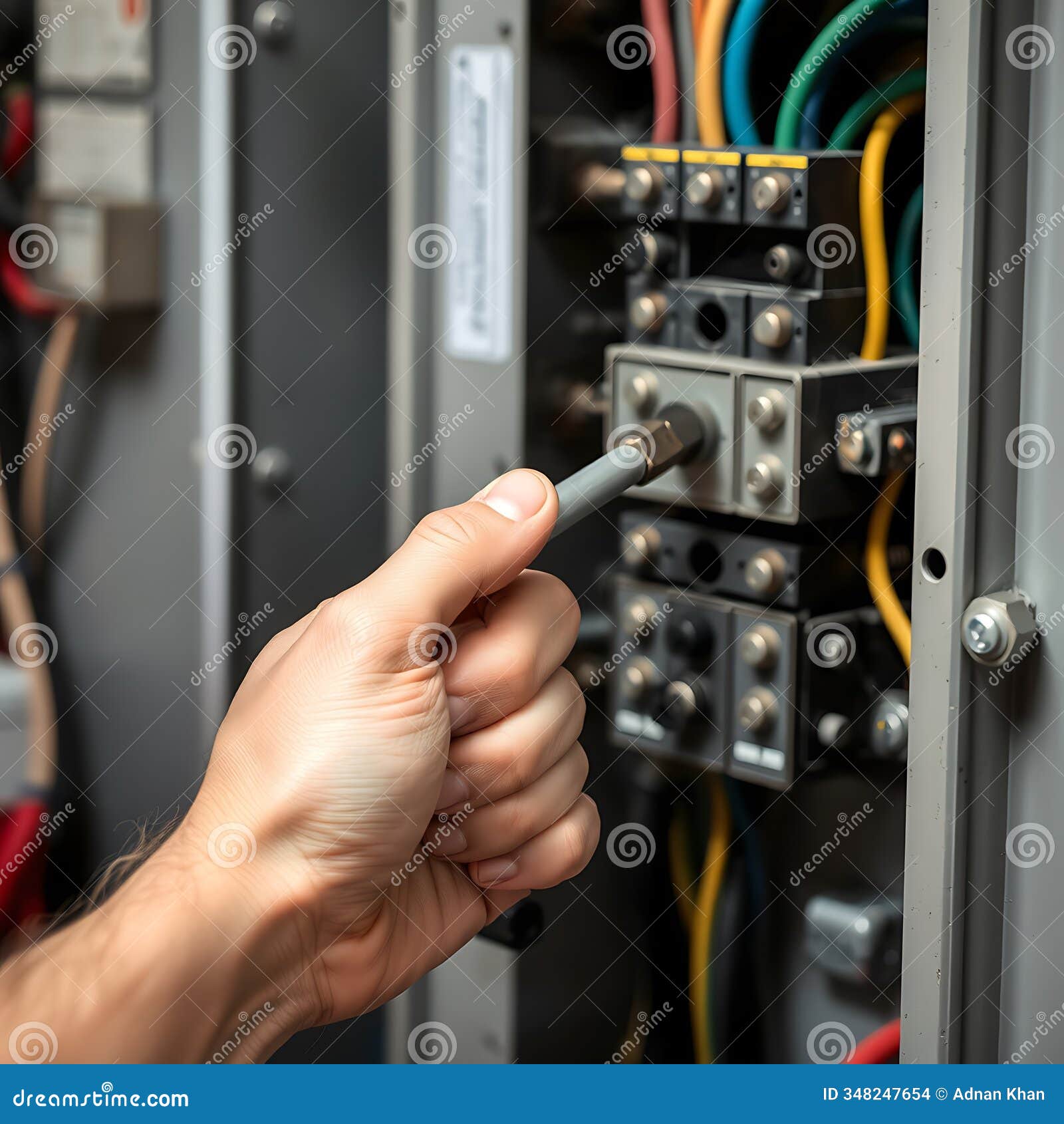 A Hand Gripping a Torque Wrench Tightening a Bolt on an Electrical ...