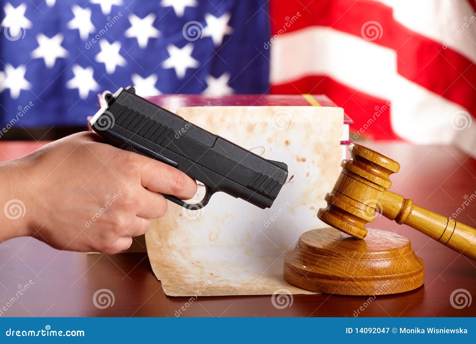 Hand with Gun and Judges Gavel Stock Image - Image of flag, aiming ...