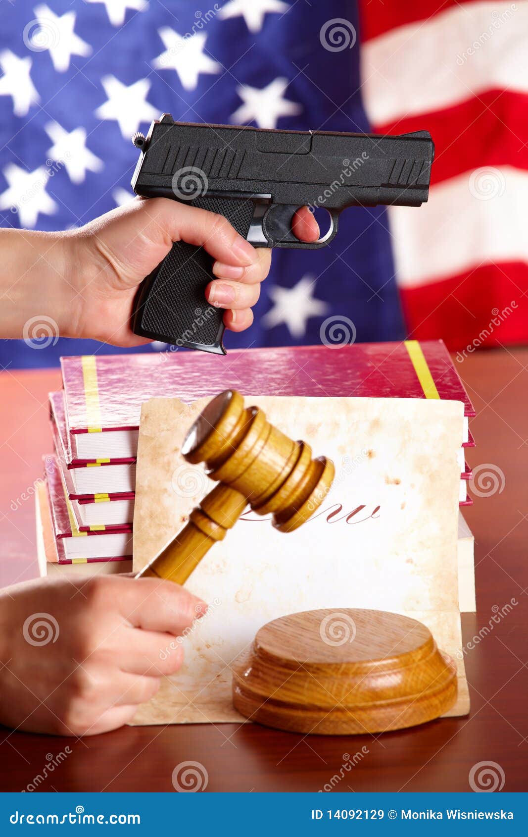 Hand with Gun and Judges Gavel Stock Image - Image of black, jury: 14092129