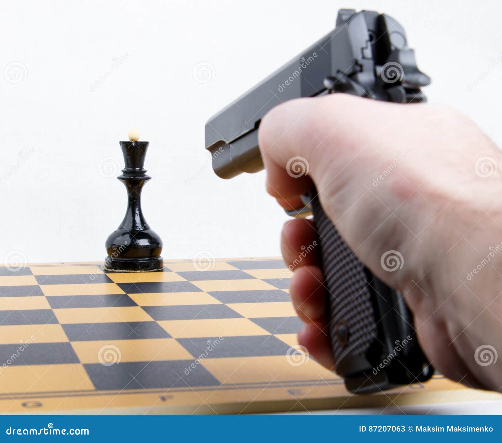 Hand with Gun Took Aim at Chess Piece Stock Image - Image of closeup ...