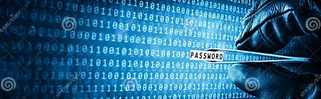 Hand of Hacker with Leather Glove and Tweezers Stealing Password from ...