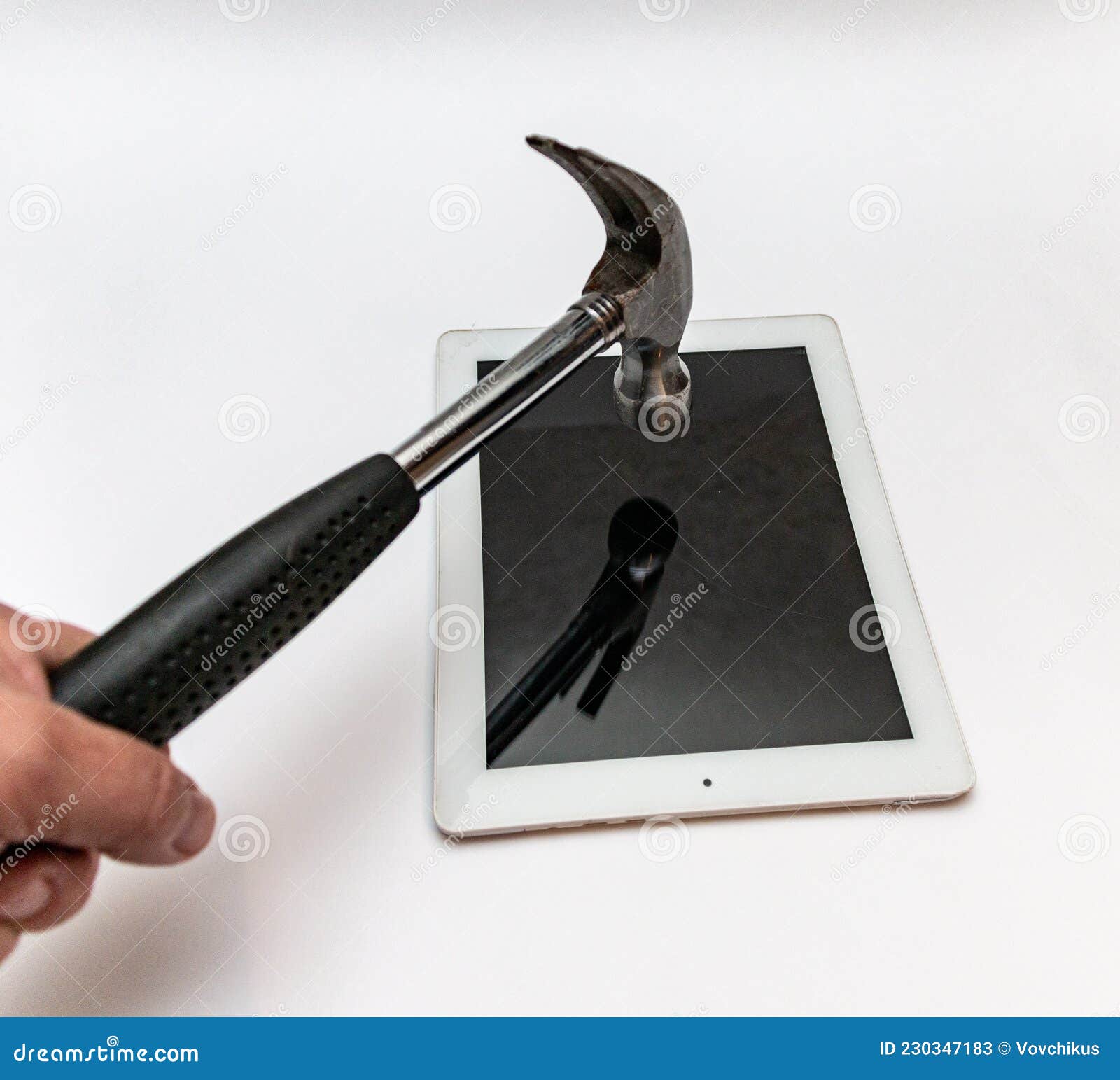Hand with a Hammer Breaks the Tablet Computer. Stock Image - Image of ...