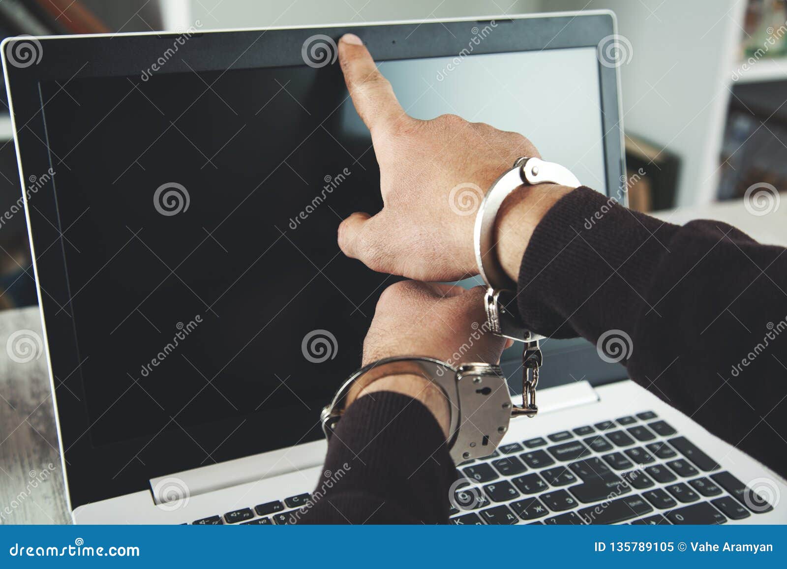 Hand Handcuffs on Computer Camera Stock Image - Image of business ...