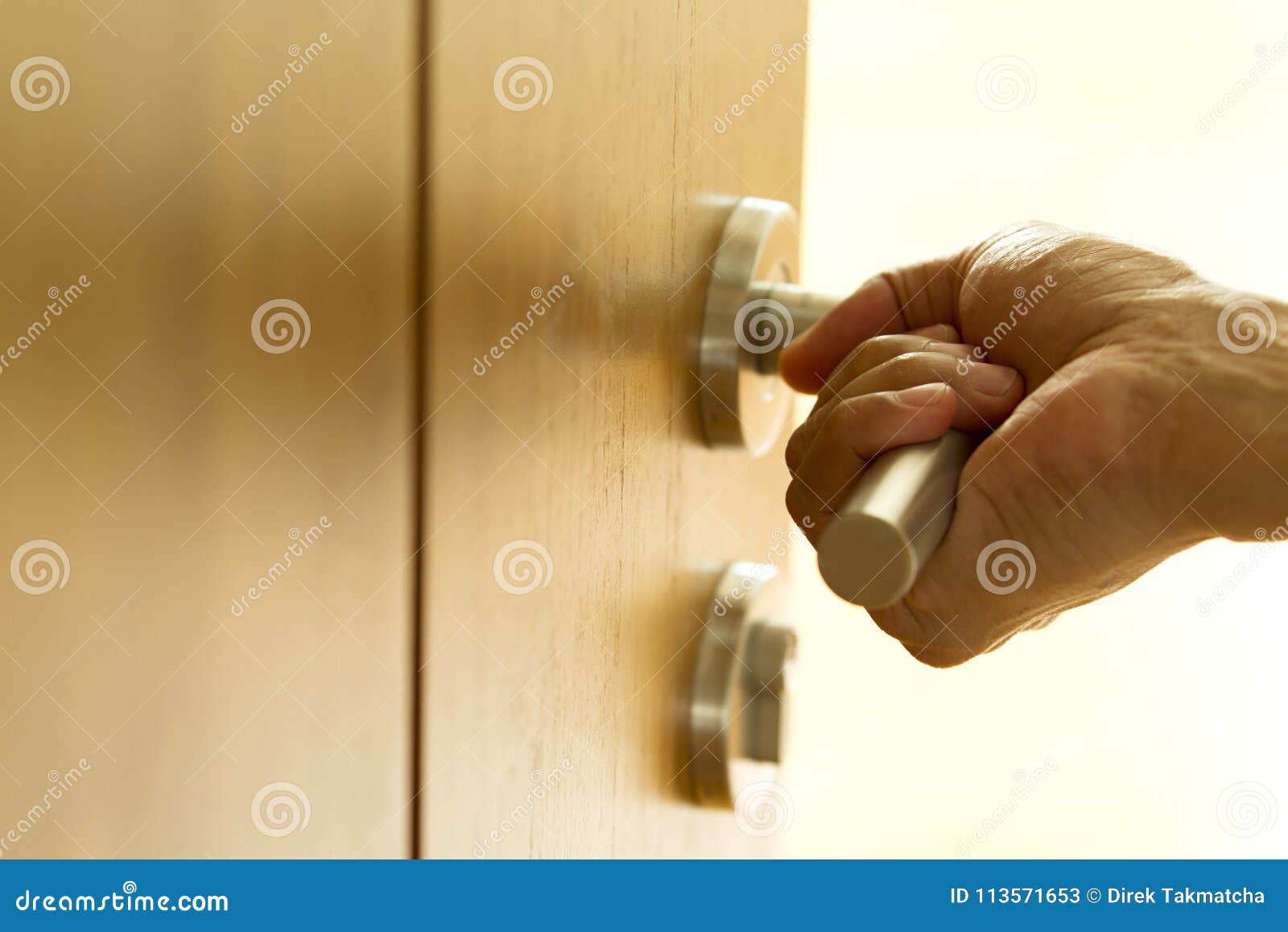 Hand on a Handle Opening Wooden Door Stock Image - Image of security ...
