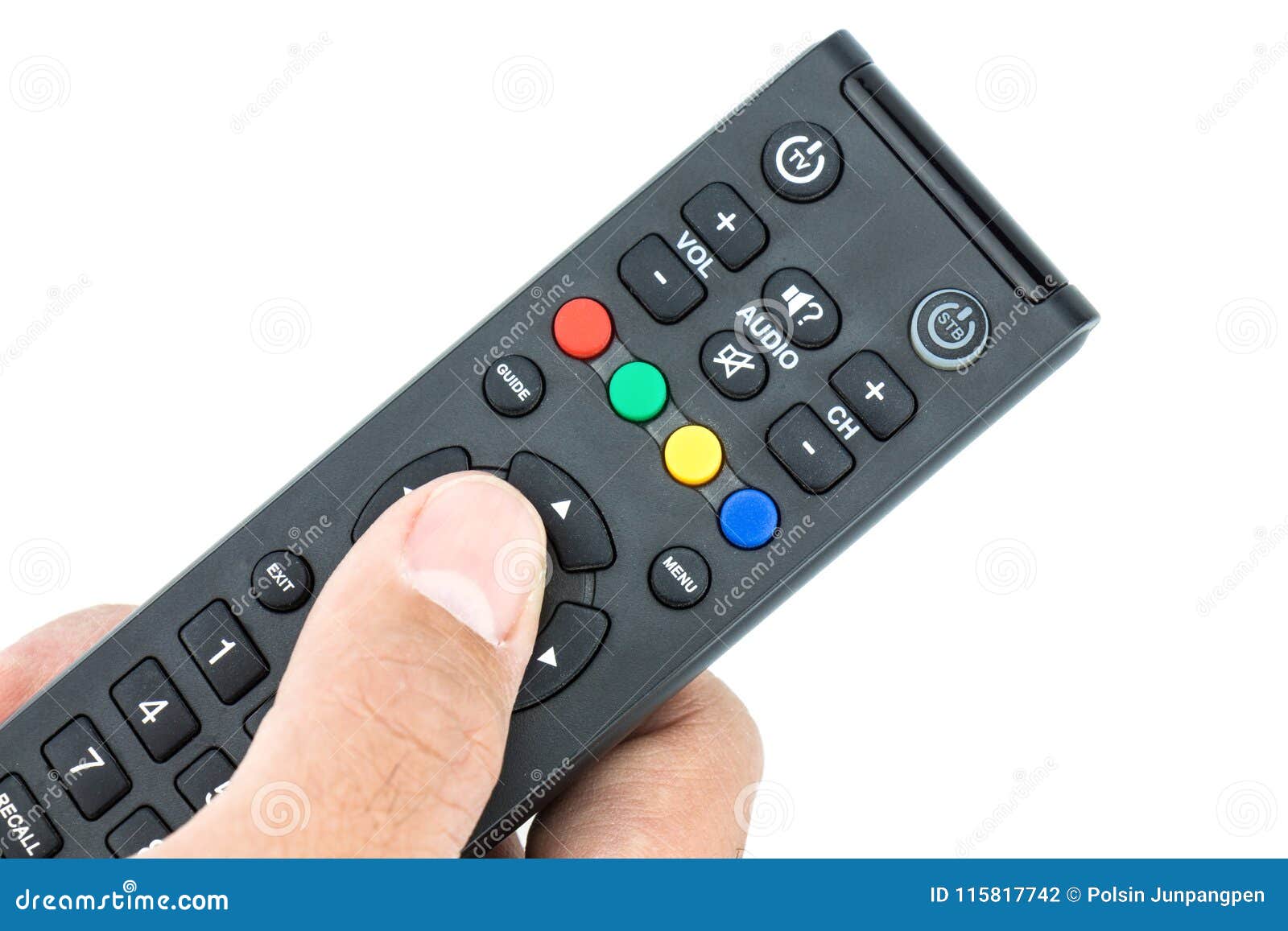Hand Held with Remote Control Pointing Forward on White Background ...