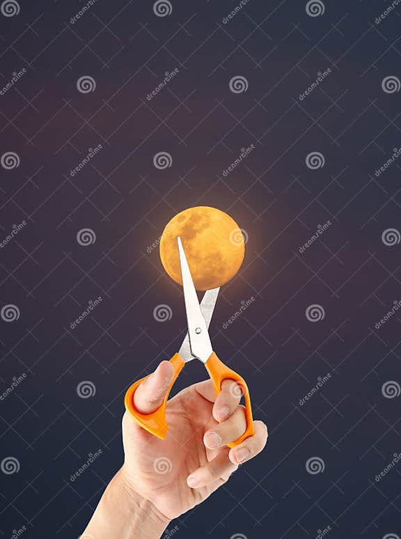 Hand Held Scissors, Cut the Red Moon. Stock Photo - Image of cloud ...