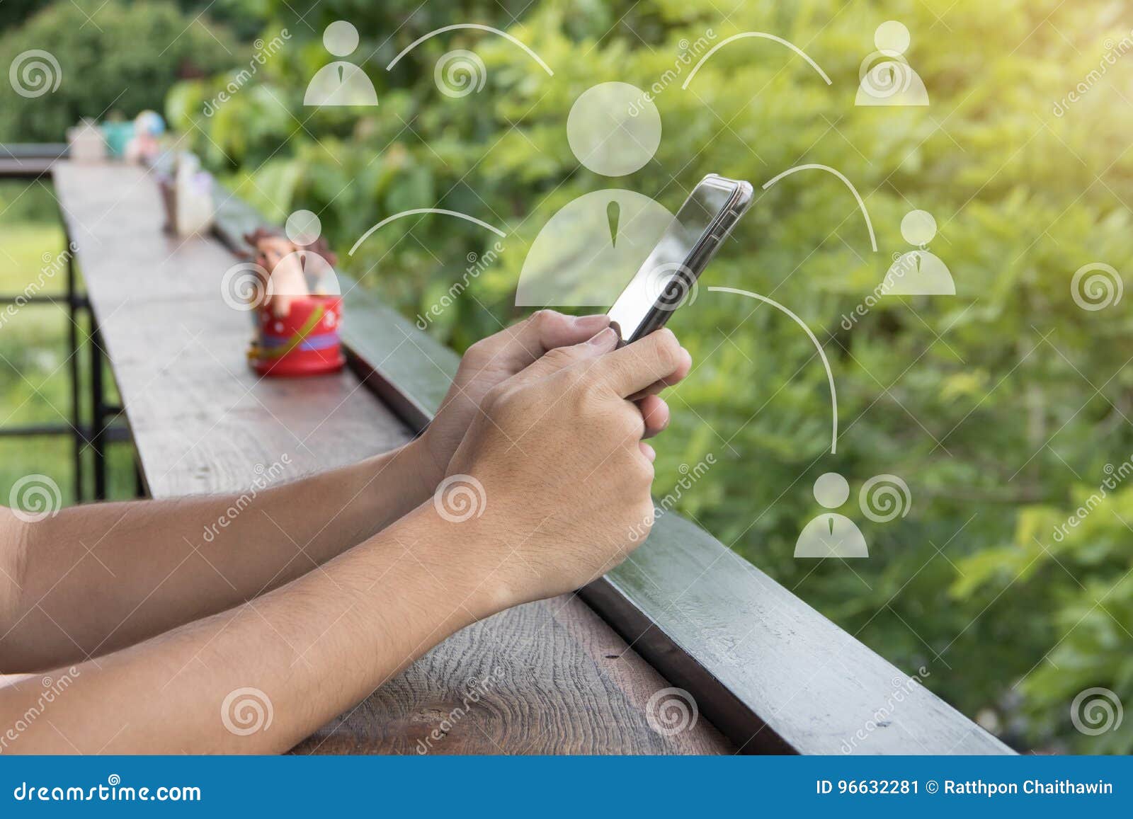 Hand Hold Cell Phone Connect People with Human Icon. Commucation ...