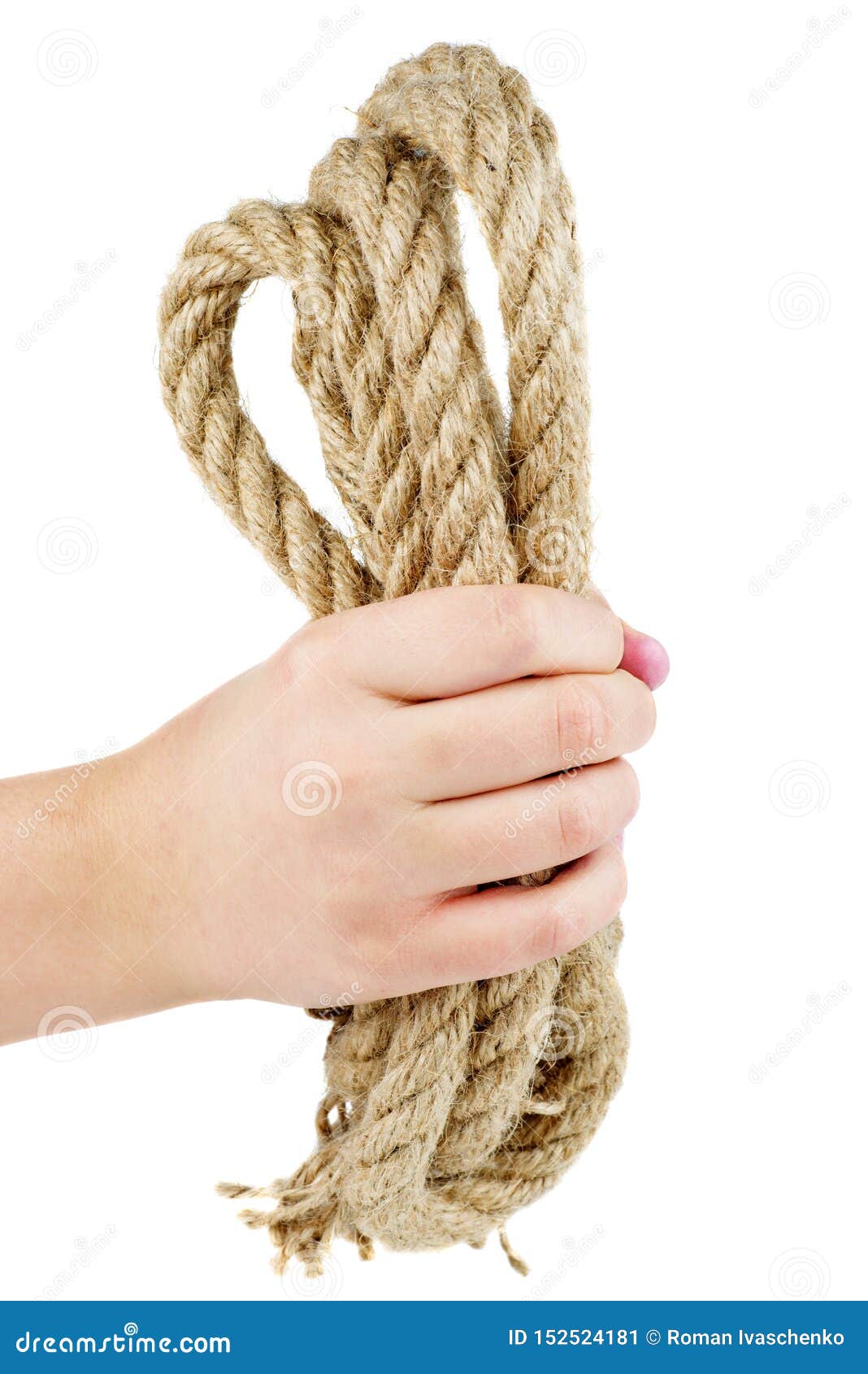 Hand Hold Coarse Rope Isolated on White Stock Image - Image of knot ...