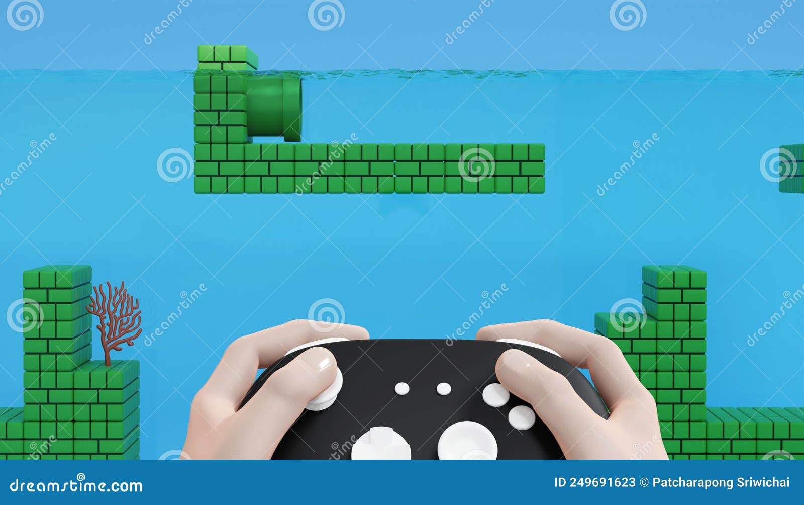 Hand Hold Game Controller with Arcade Video Game Background 3D Render ...