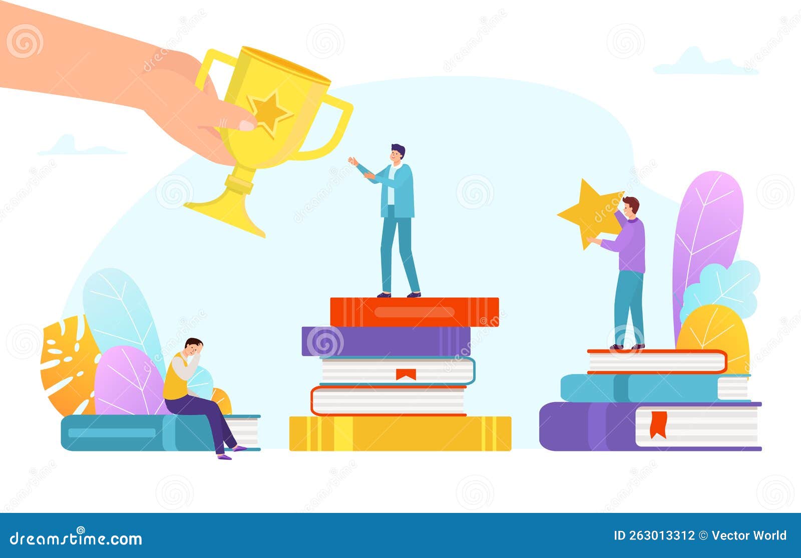 Hand Hold Golden Cup, Tiny Character Standing Book Stack Achievement ...