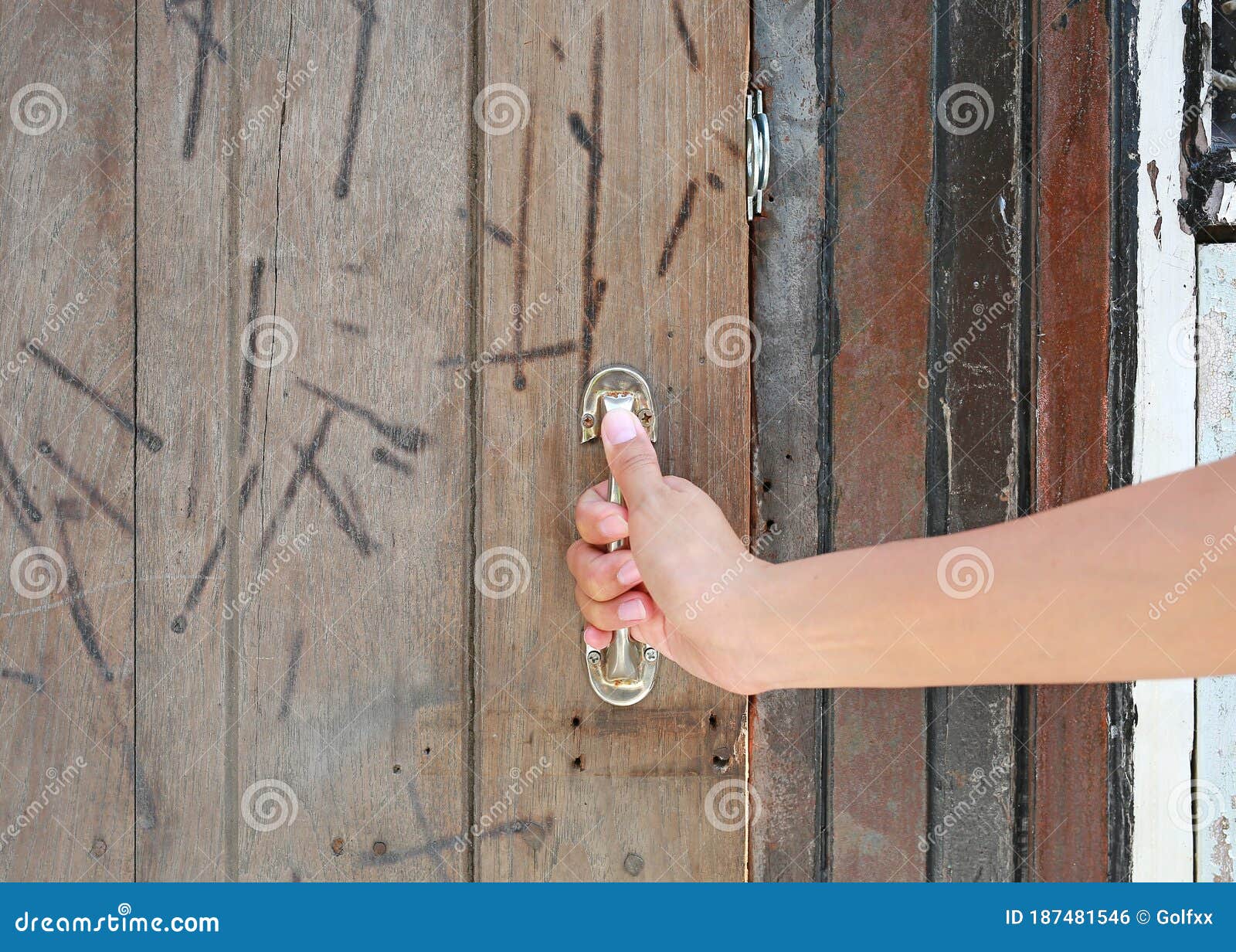 Hand Hold Handle of Wood Door To Open or Close Stock Photo - Image of ...