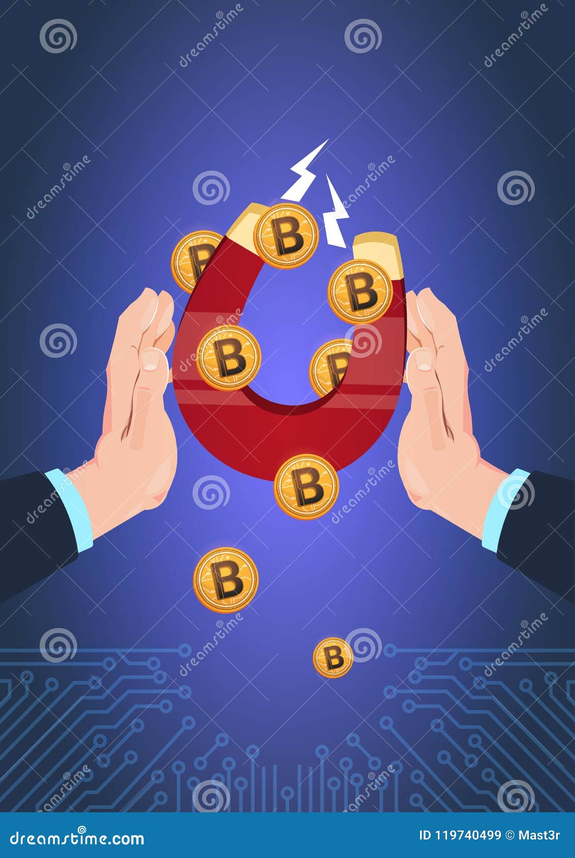 Hand Hold Magnet Bitcoin Pulling. Computer Mining Communication Support ...
