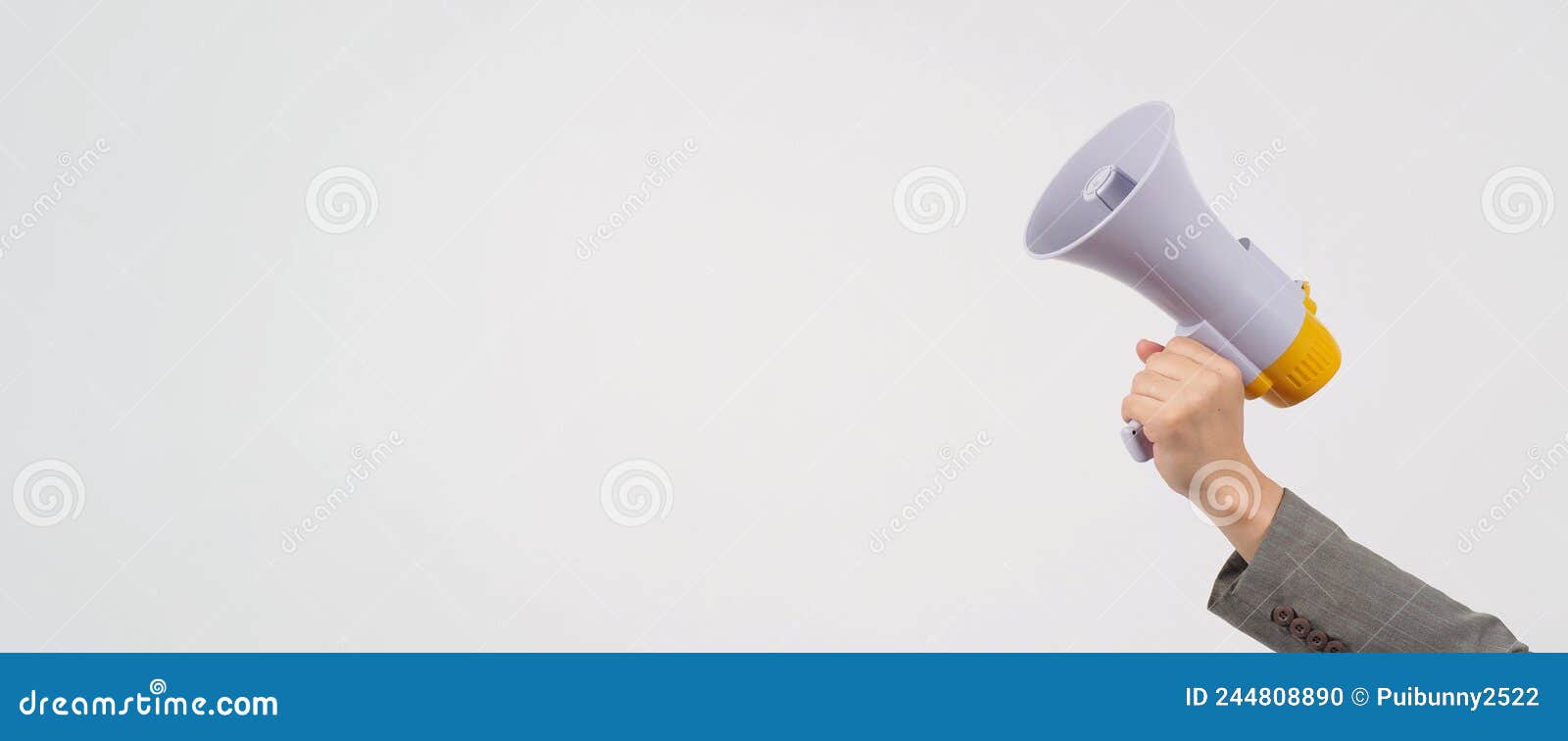 Hand is Hold Megaphone and Wear Grey Suit on White Background Stock ...