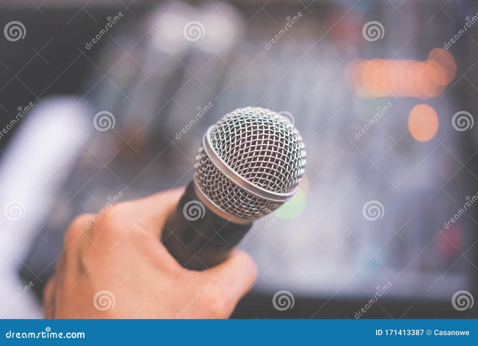 Hand Hold Microphone in Hall with Mixer Control Stock Image - Image of ...