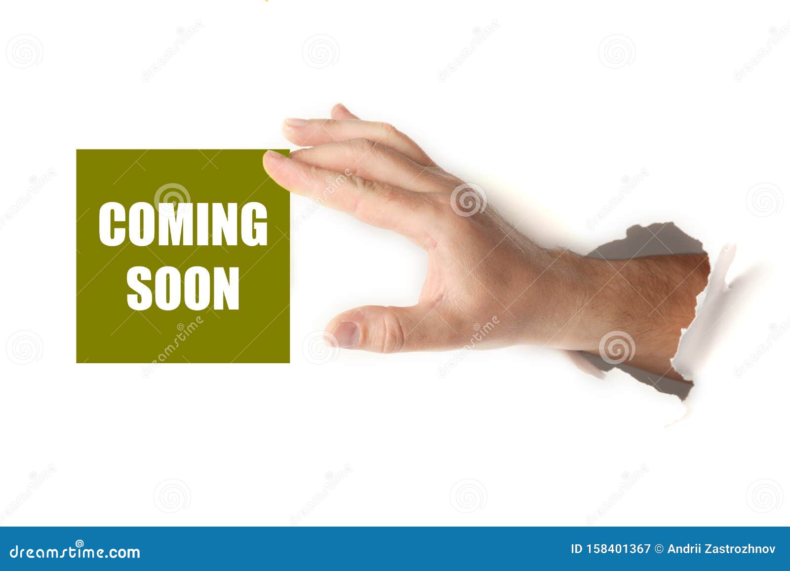 Hand Hold Paper with Coming Soon. Announcement of Launch Stock Image ...