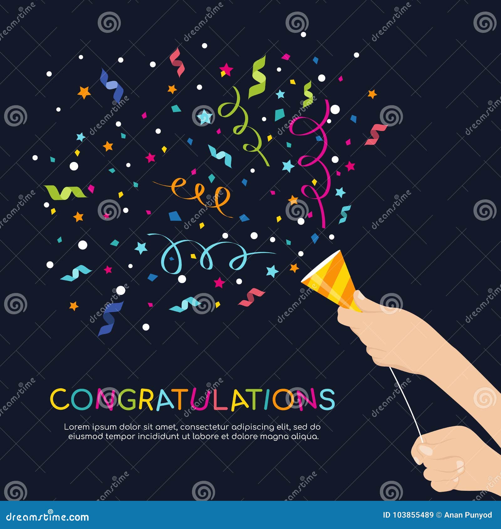 Hand Hold Party Popper and Congratulations Colorful Text Vector Design ...