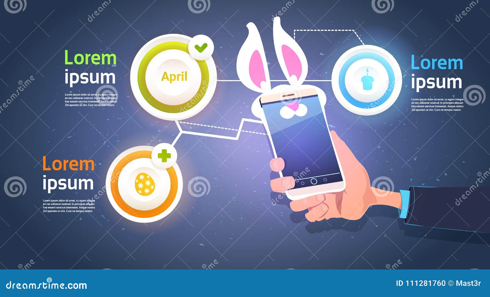 Hand Hold Smart Phone with Bunny Ears Over Template Infographic ...