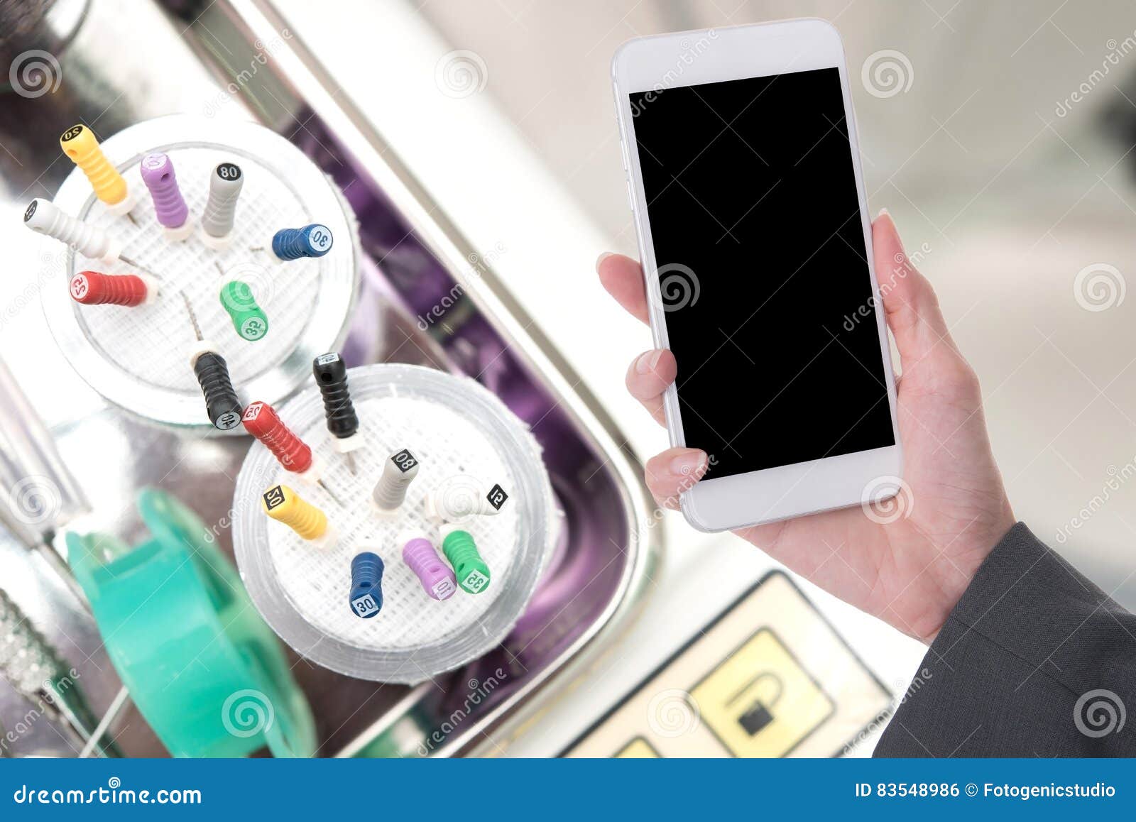 Hand Hold Smart Phone Wit Equipment in Background Stock Photo - Image ...