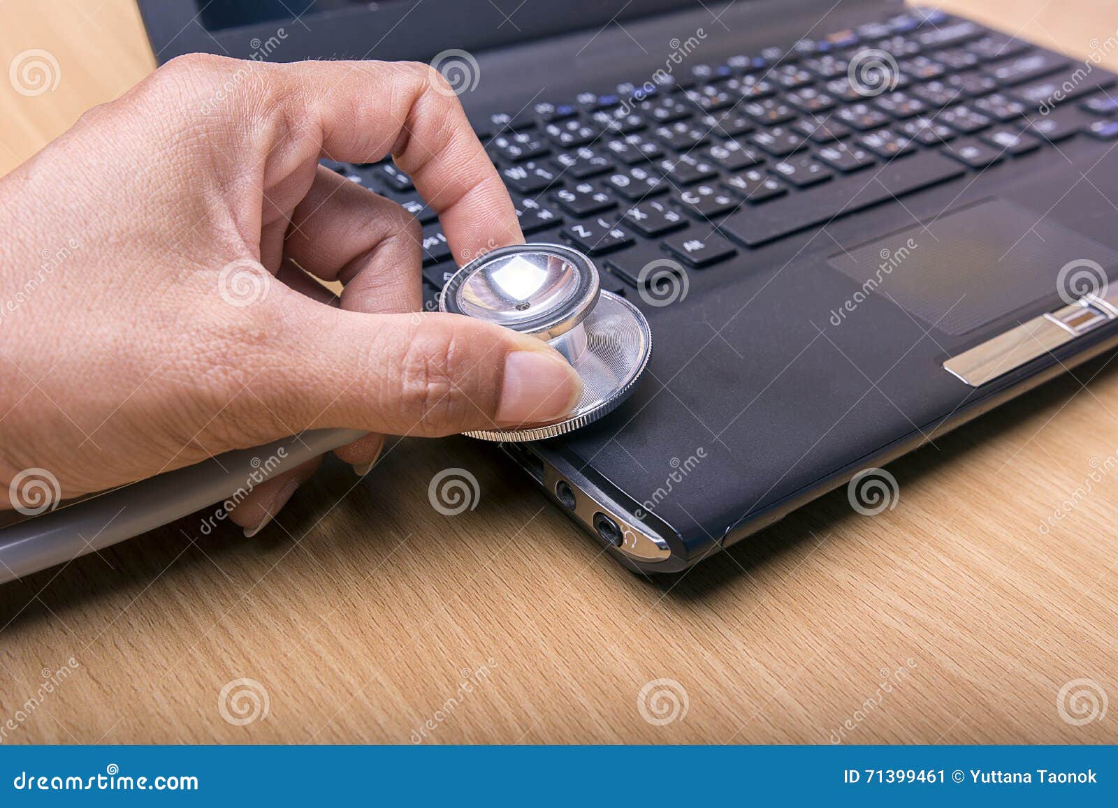 Hand Hold Stethoscope Over Computer Computer Maintenance Concept Stock ...