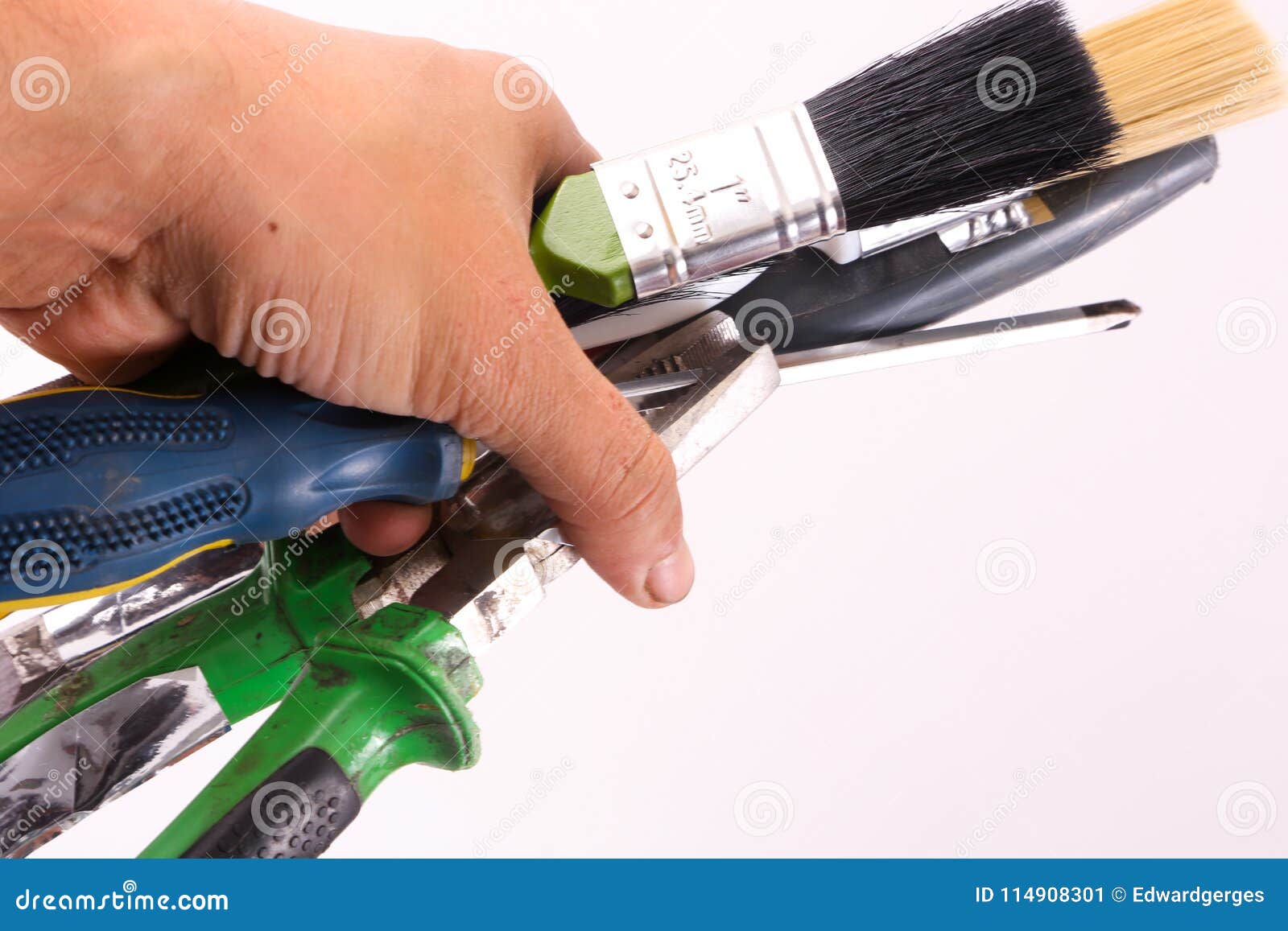 Hand hold many tools stock image. Image of blue, background - 114908301
