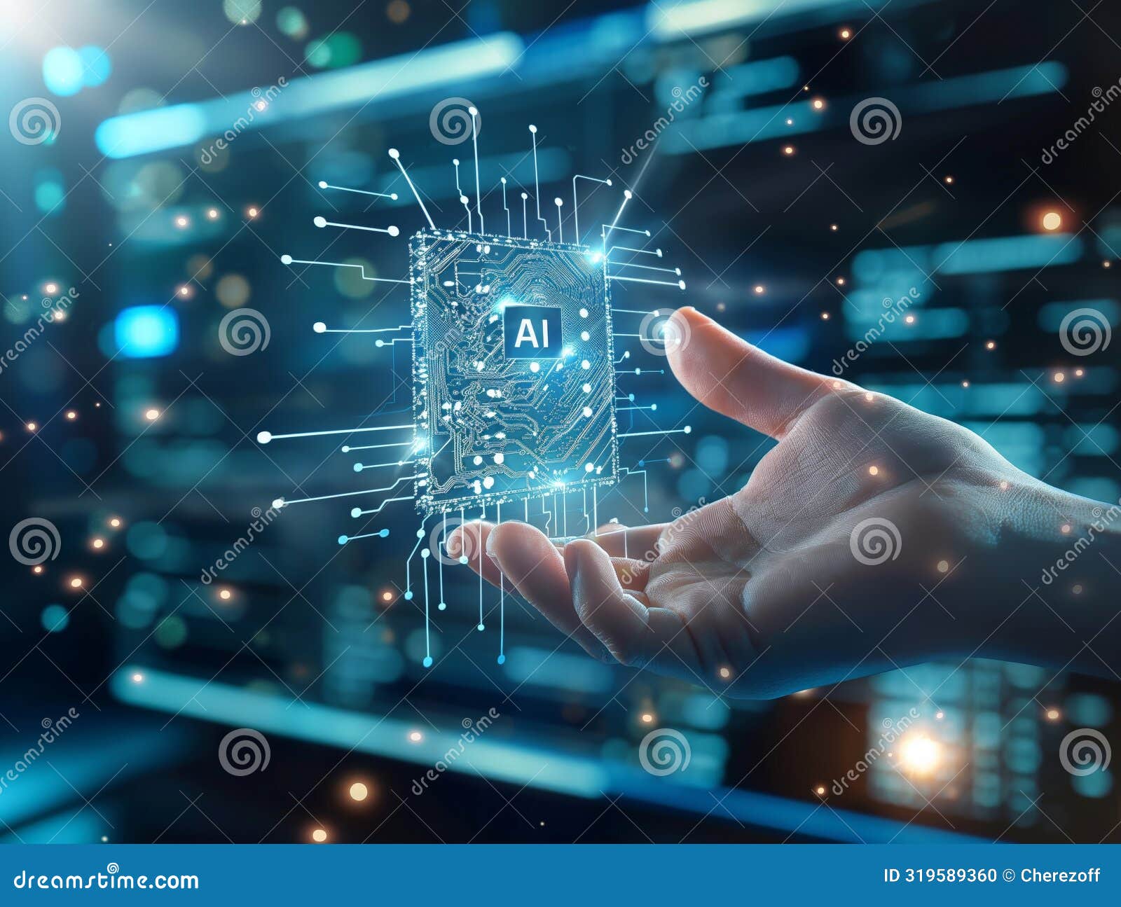 Hand Holding AI Chip in Futuristic Digital Environment Stock ...