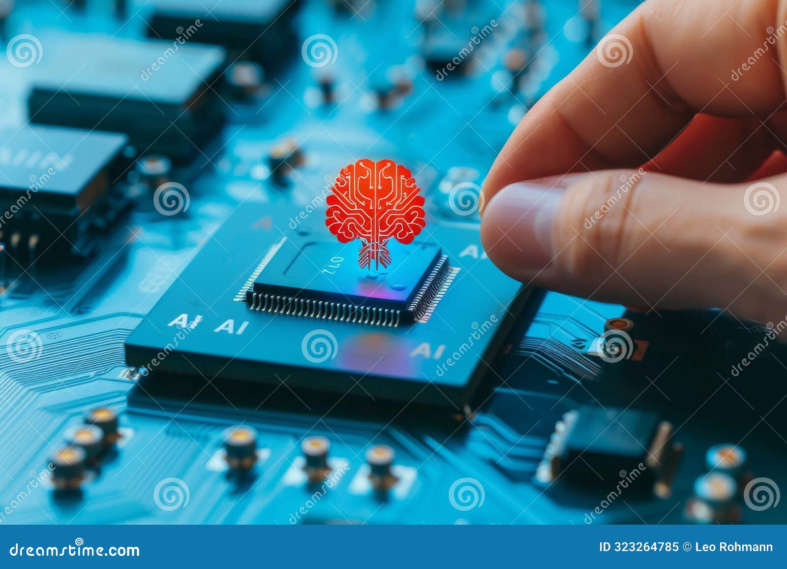 Hand Holding AI Chip with Red Brain Icon on Blue Circuit Board Stock ...