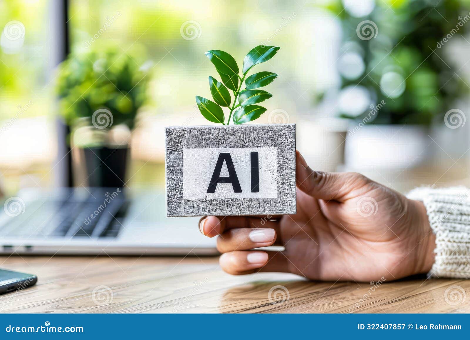 Hand Holding AI Plant Sign, Digital Art, Technology Innovation ...