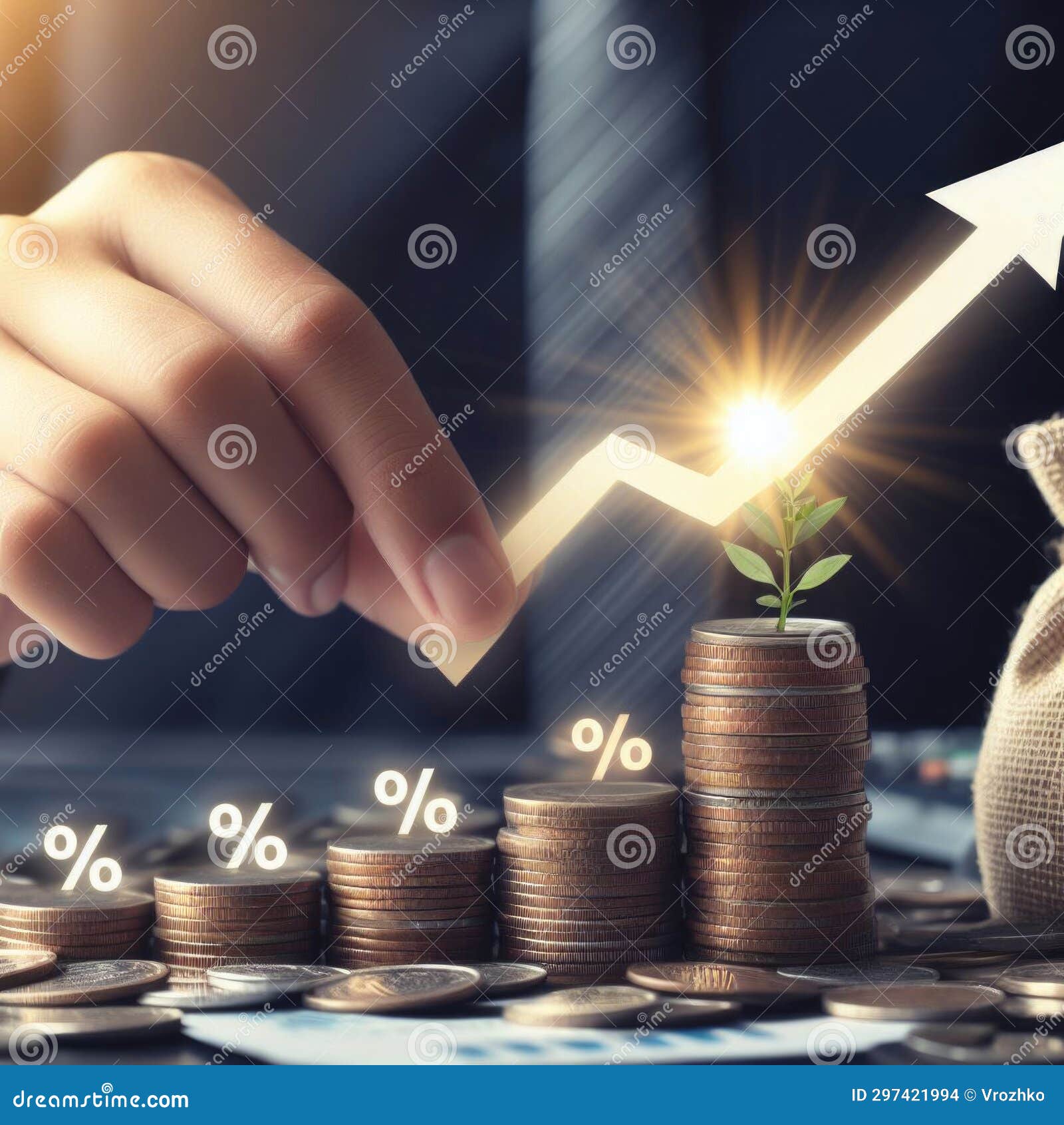 Hand Holding the Arrow with ?oins Stacks on Table Stock Photo - Image ...